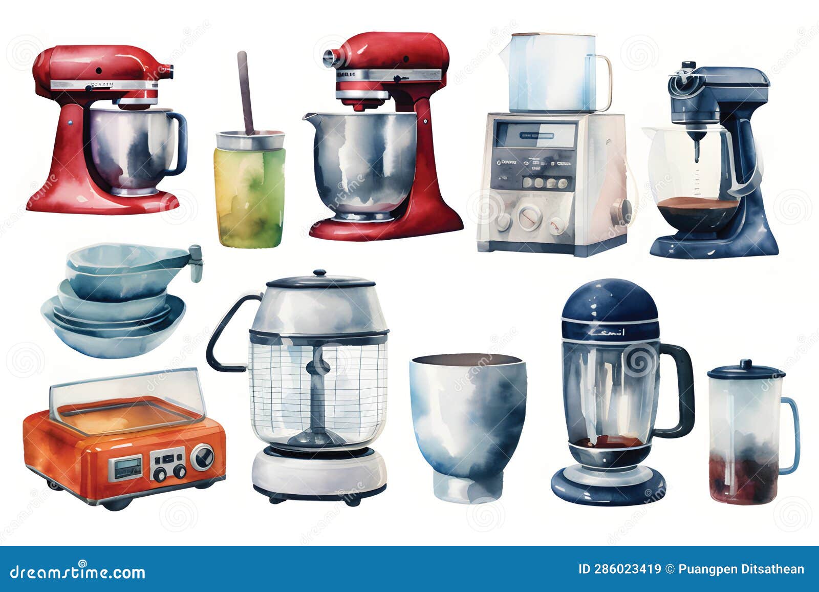 A Drawing of a Variety of Kitchen Appliances in Watercolor Art ...