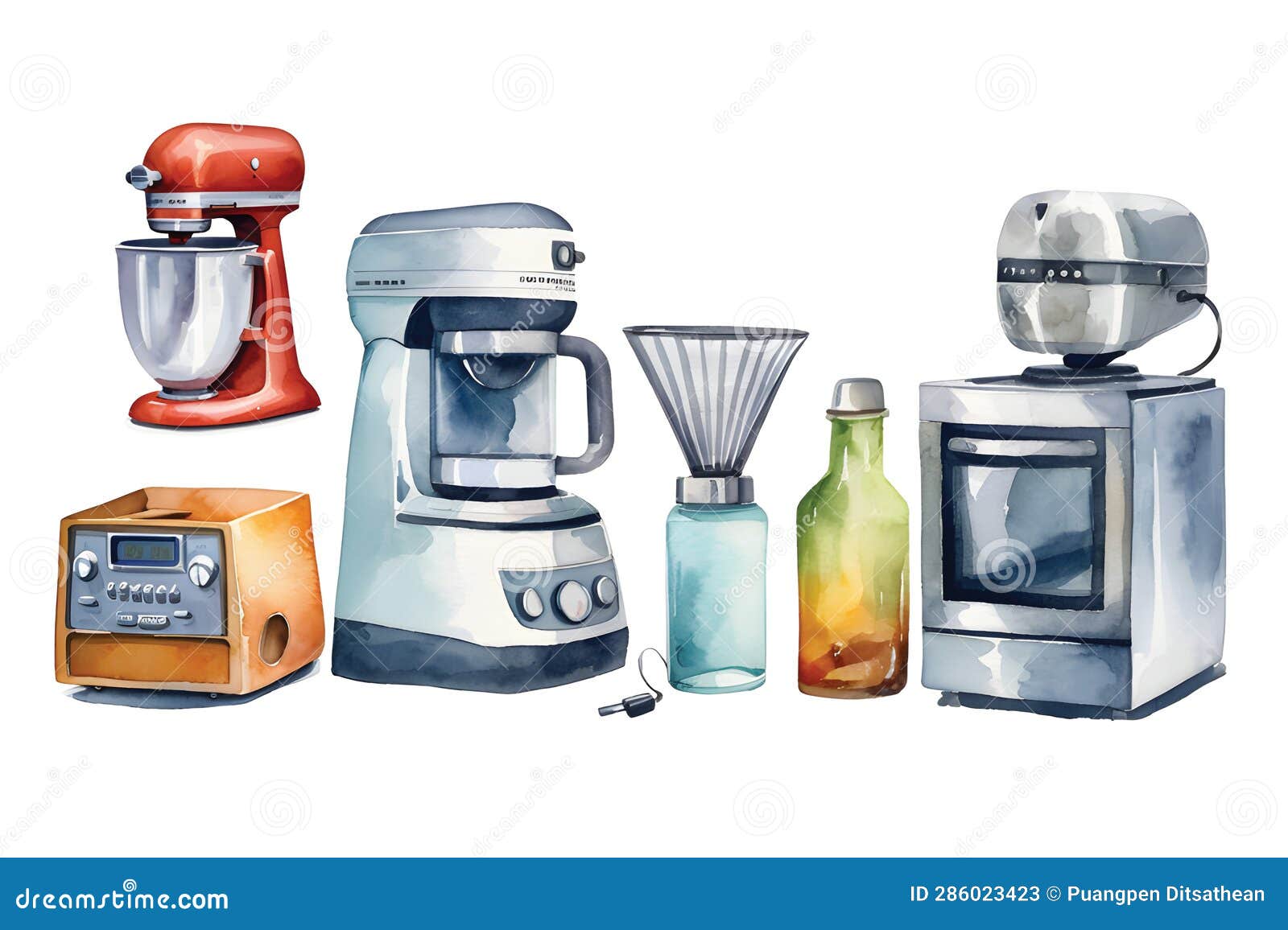 A Drawing of a Variety of Kitchen Appliances in Watercolor Art ...