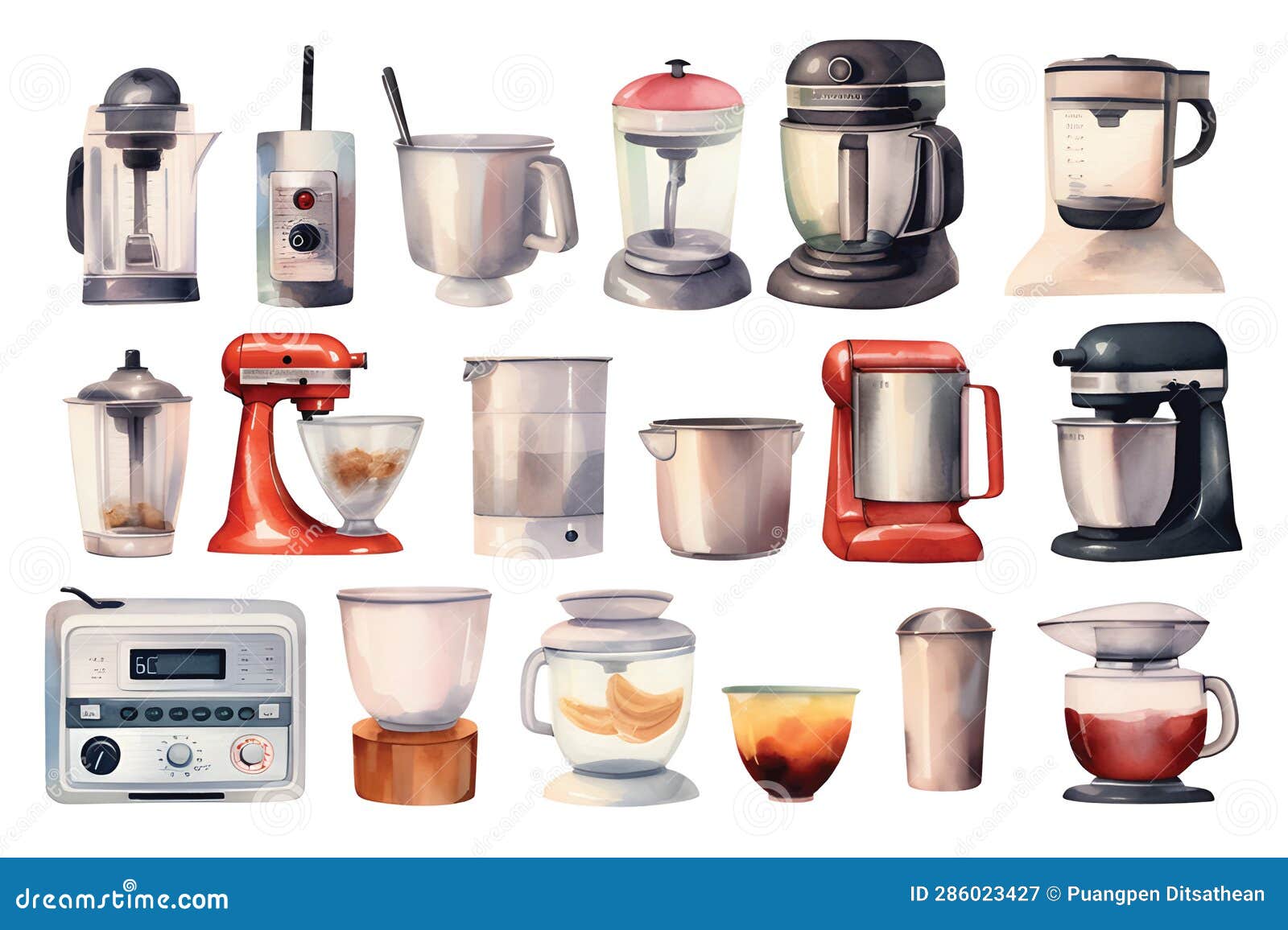 A Drawing of a Variety of Kitchen Appliances in Watercolor Art ...