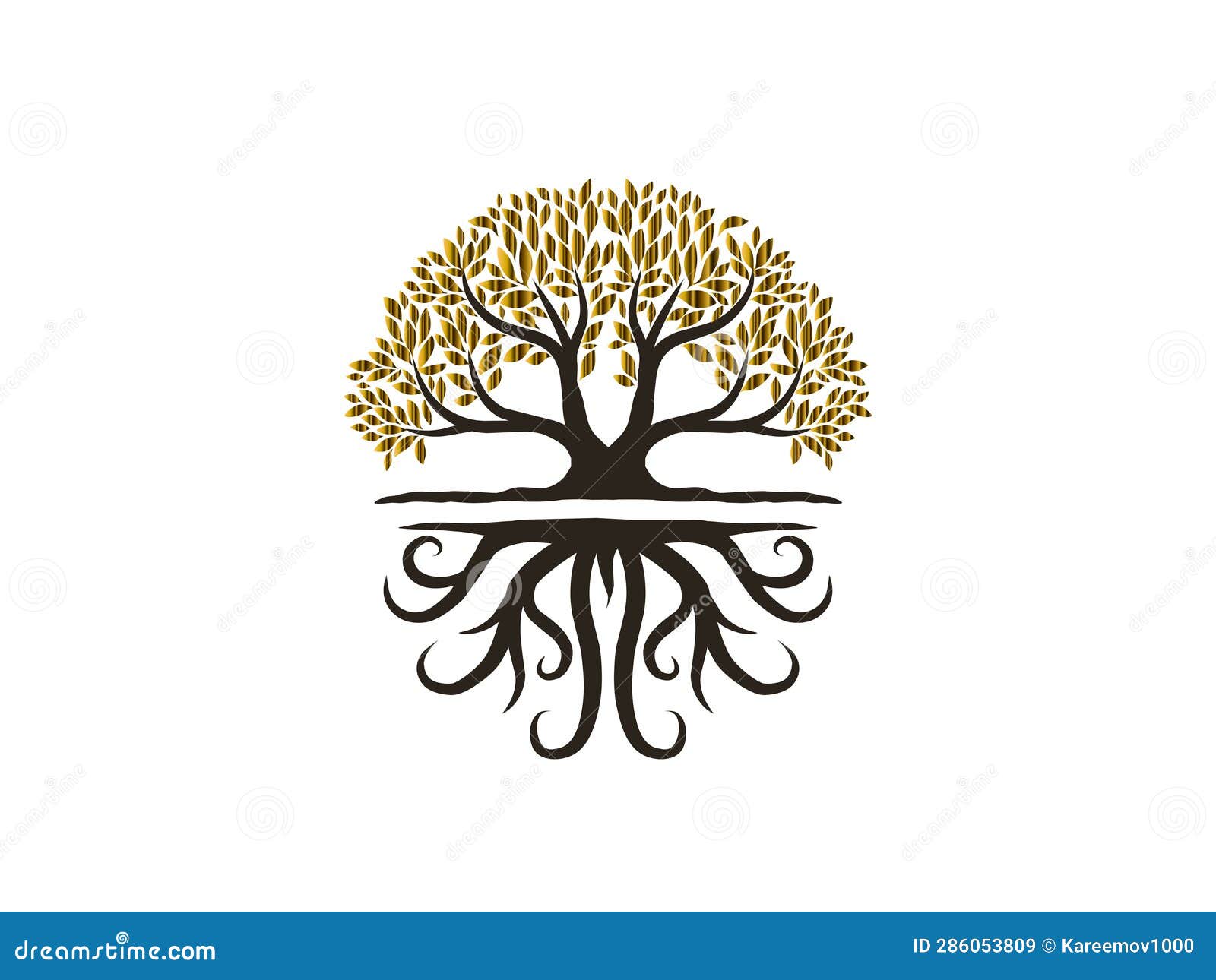 Tree and Roots Logo Design with Golden Leaves Stock Illustration ...