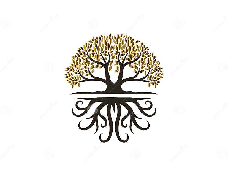 Tree and Roots Logo Design with Golden Leaves Stock Illustration ...