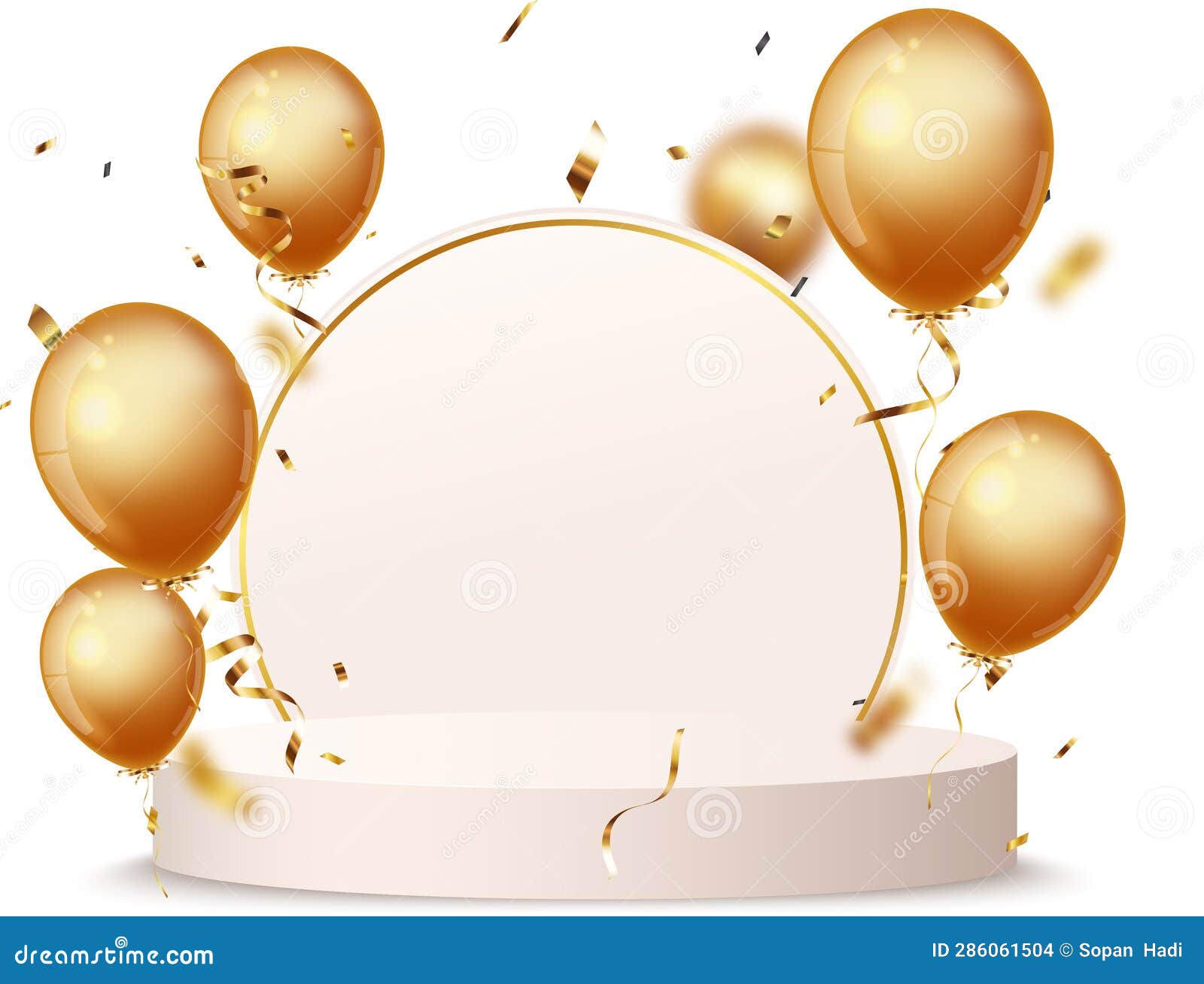 Empty Celebration Podium Background with Gold Confetti and Balloons ...