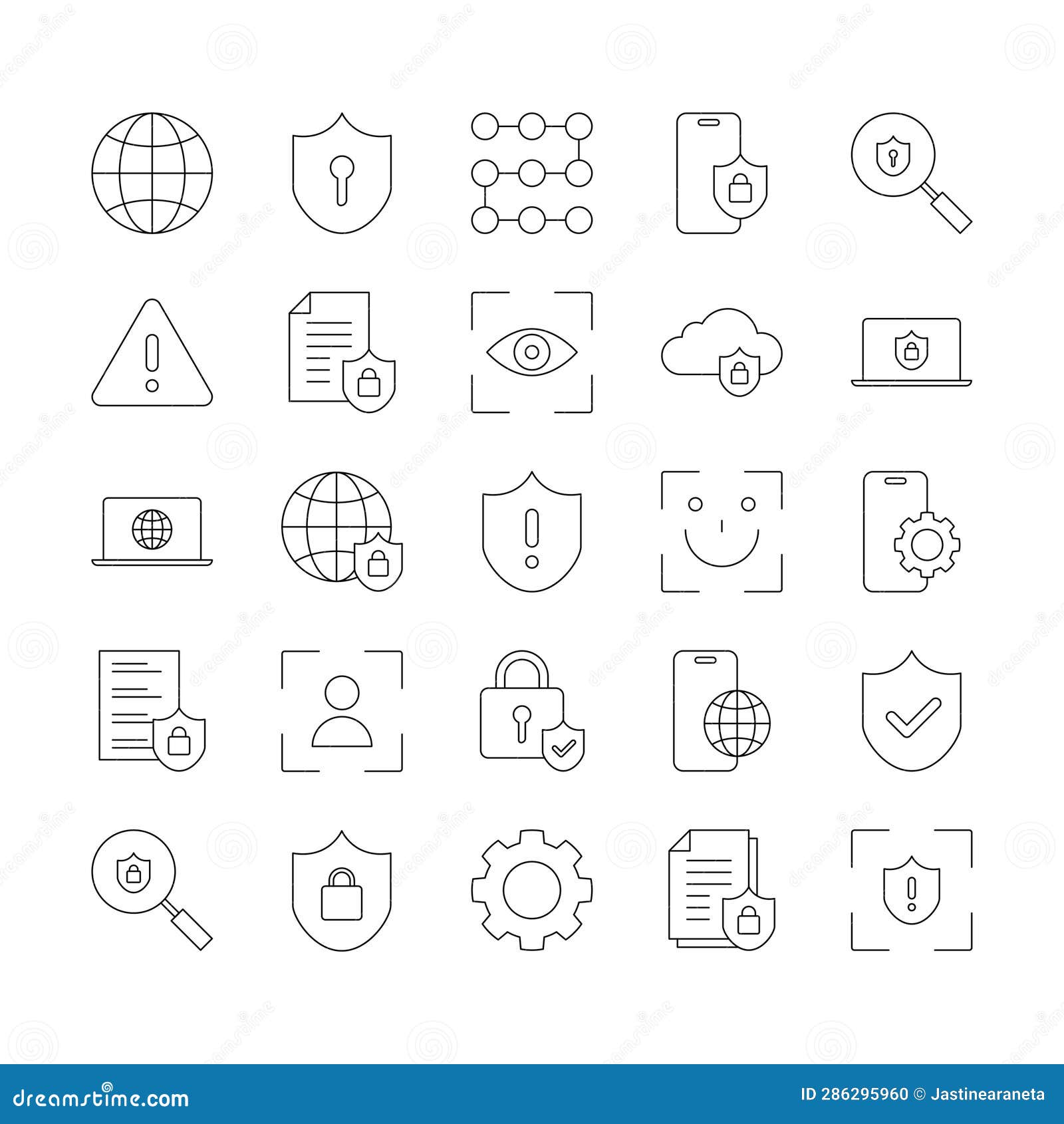 Set of Black and White Security Icons in Vector Line Illustration Stock ...