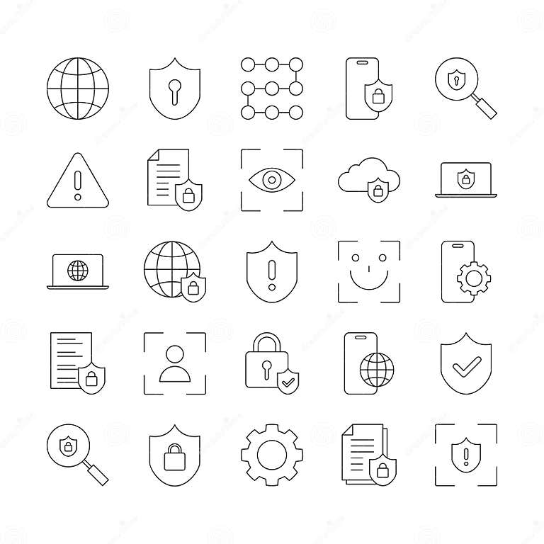 Set of Black and White Security Icons in Vector Line Illustration Stock ...