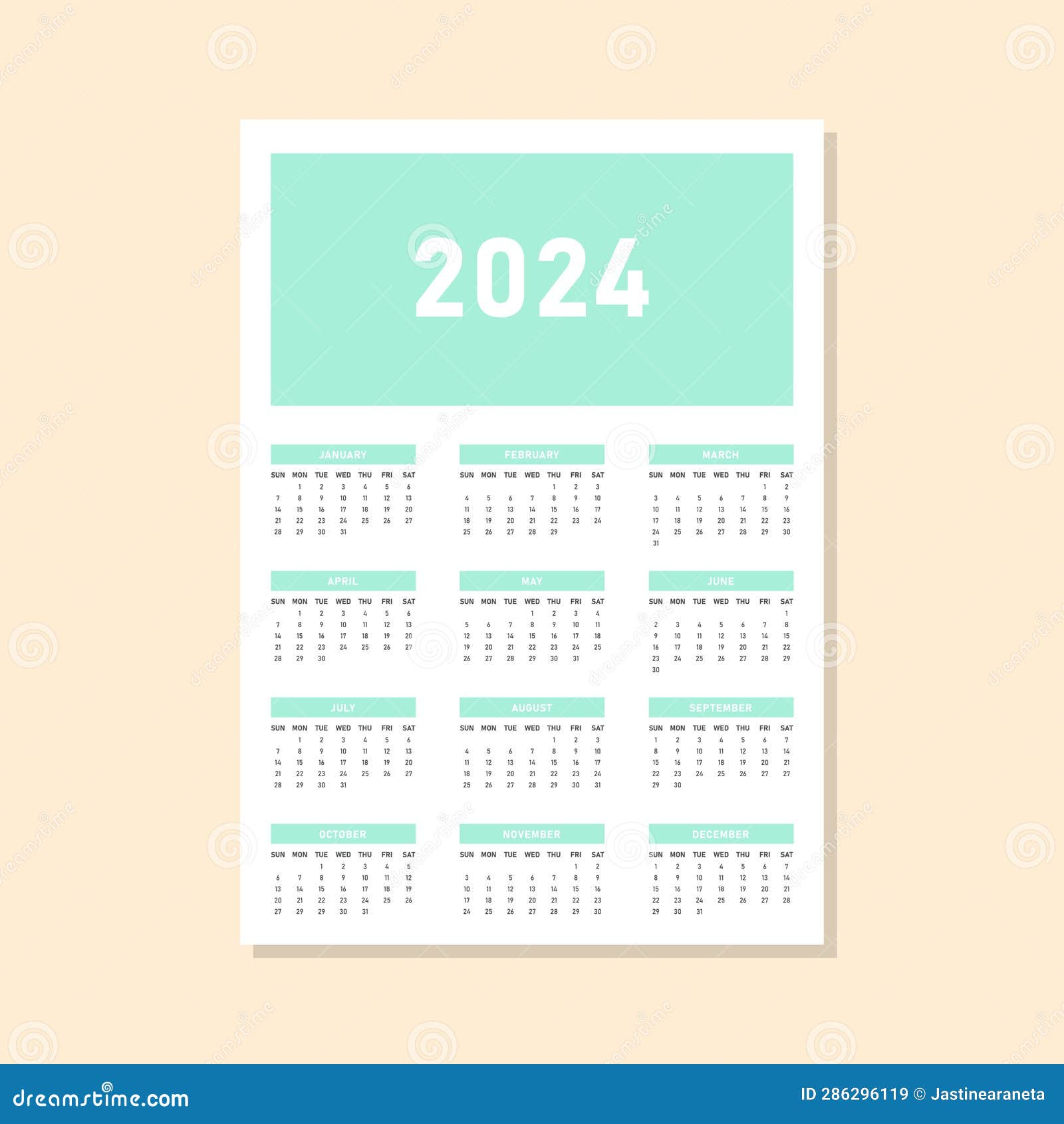 2024 Calendar in Pastel Blue Vector Design Template Stock Vector ...