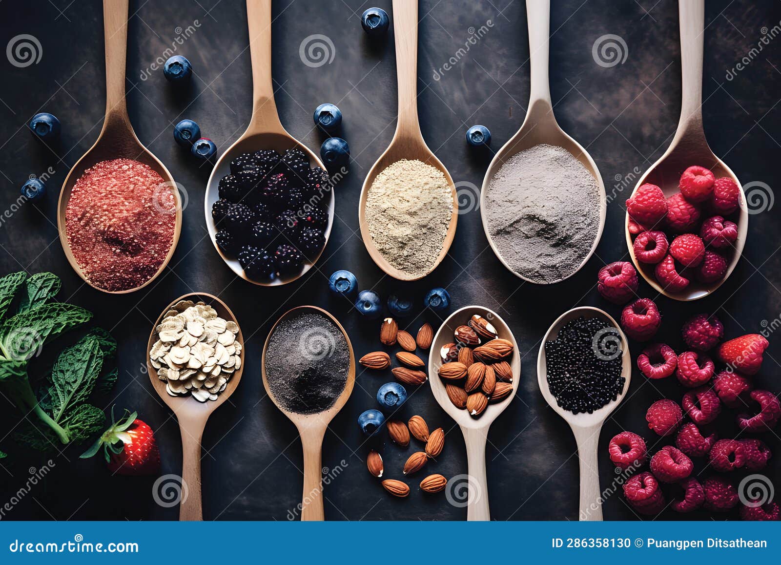 Superfood Powder, Berries and Seeds in Spoons.Top View.GenerativeAI ...