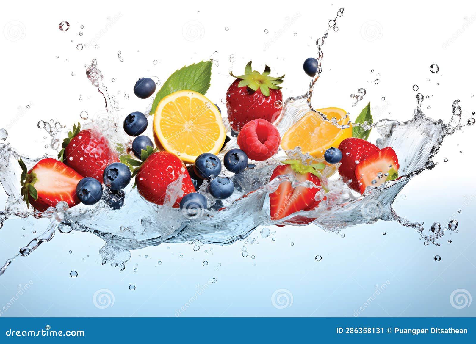 Many Fresh Fruit Splashes, Clear Blue Water Splash, Healthy Food ...