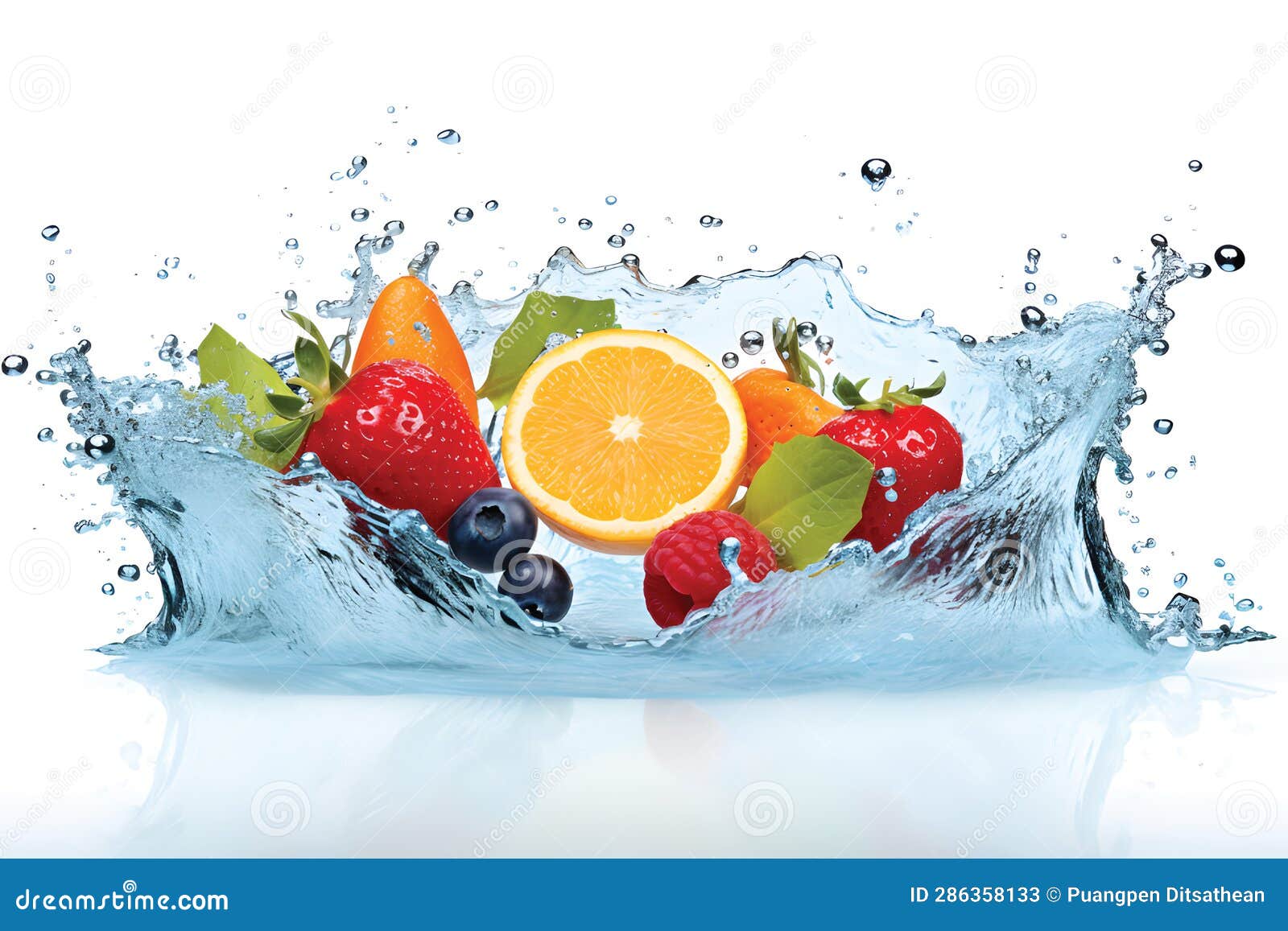 Many Fresh Fruit Splashes, Clear Blue Water Splash, Healthy Food ...