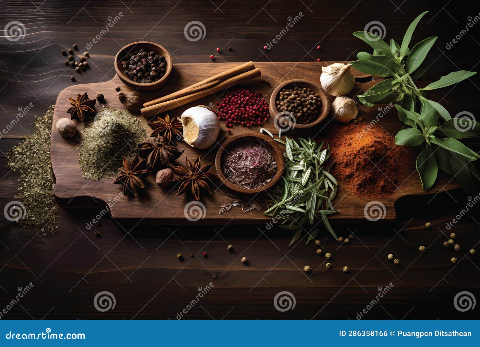 Herbs and Spices on a Wooden Board.GenerativeAI. Stock Illustration ...