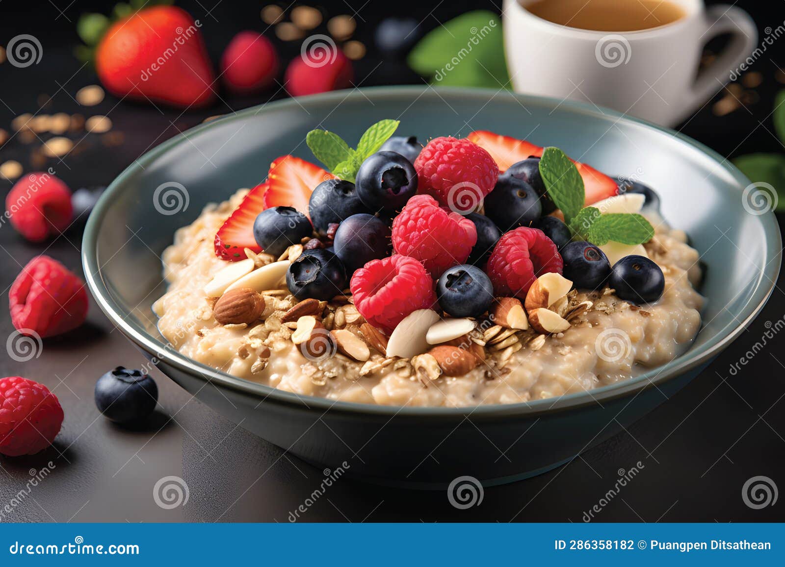 Top View of Oatmeal in Bowl, Nuts and Berries.GenerativeAI. Stock ...