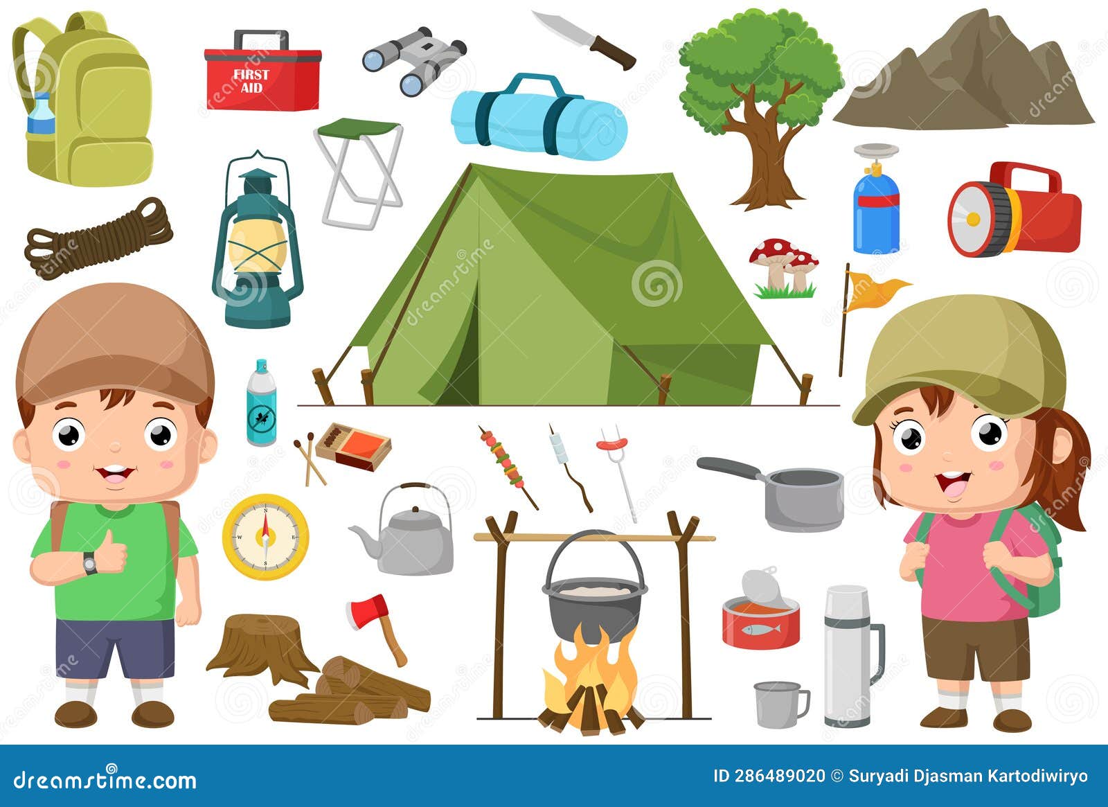 Cute Kid Cartoon with Camping Equipment Collection Stock Vector ...