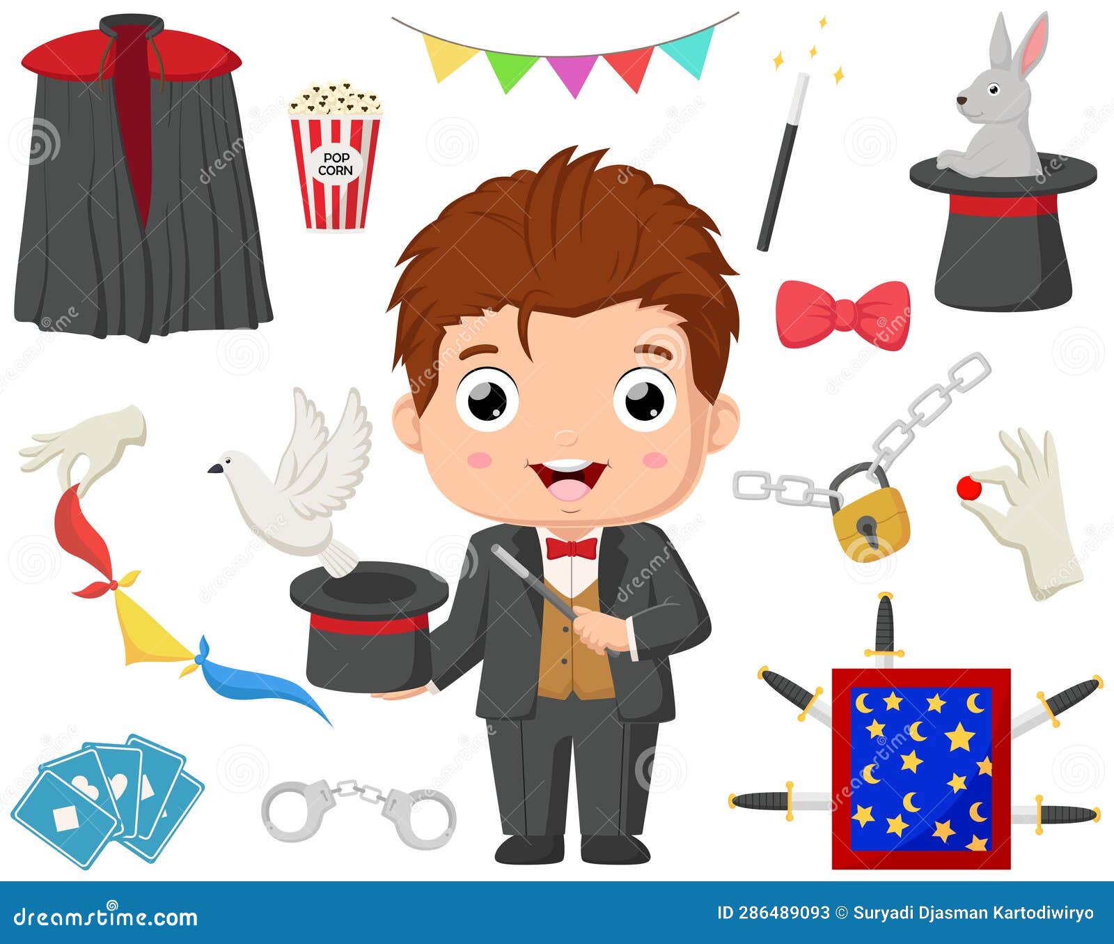 Cute Magician Kid with Magic Elements Collection Stock Illustration ...