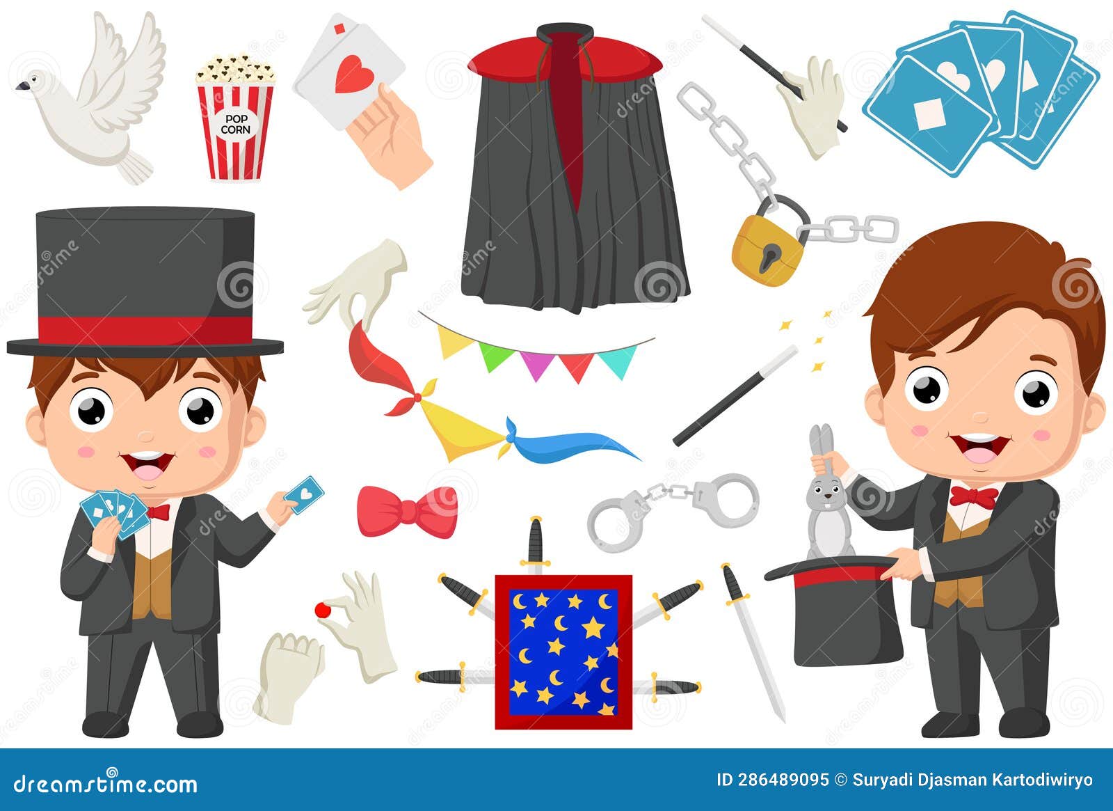 Cute Magician Kid with Magic Elements Collection Stock Vector ...