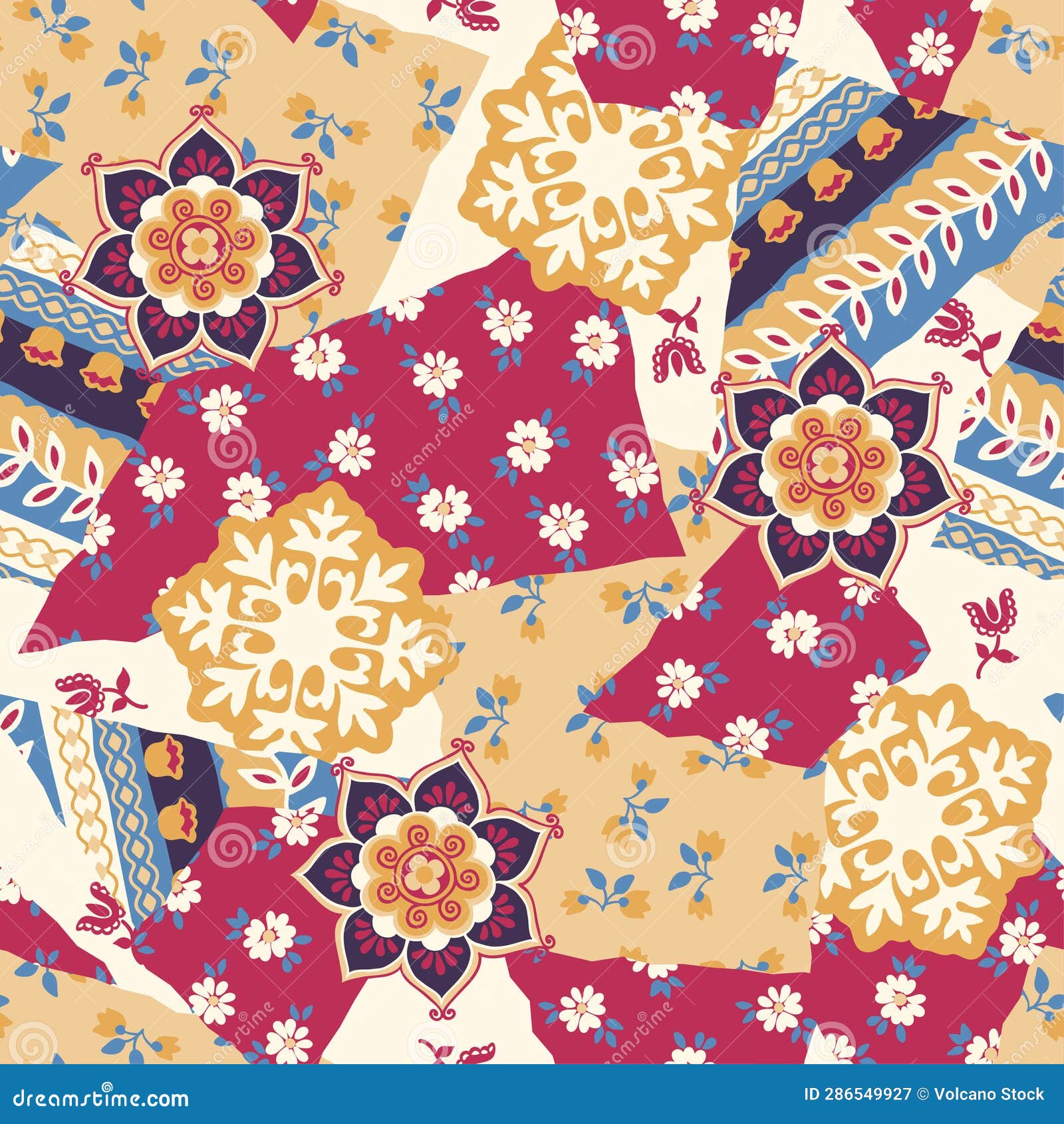 Ethnic, Floral and Geometric Motifs Fabric Patchwork Abstract Vector ...