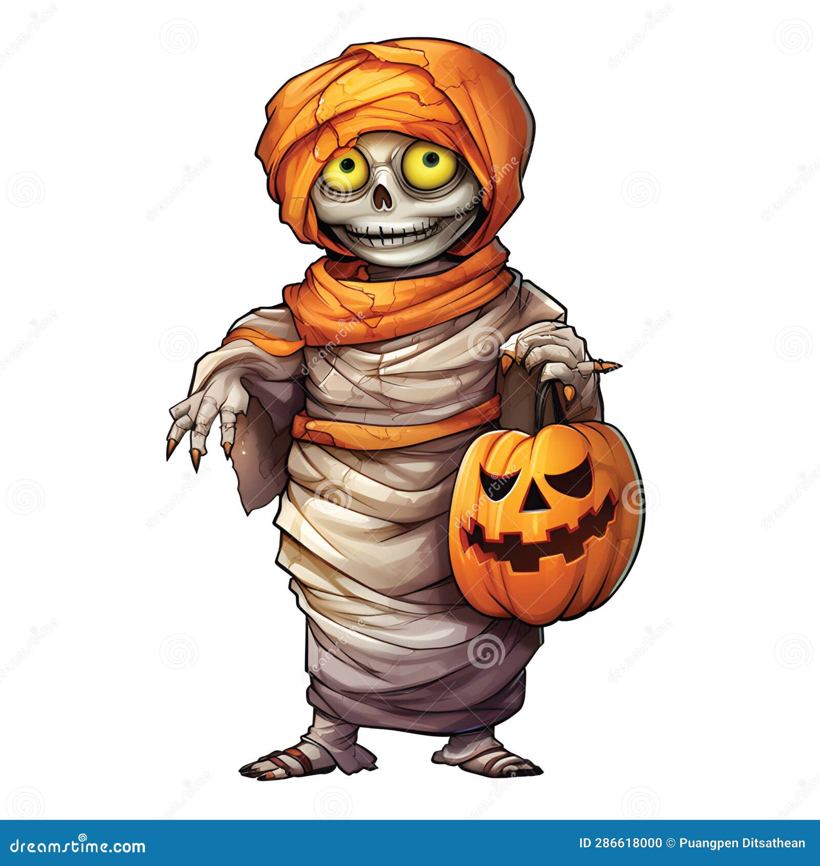 Mummy Wearing Halloween Pumpkin Cartoon.GenerativeAI. Stock ...