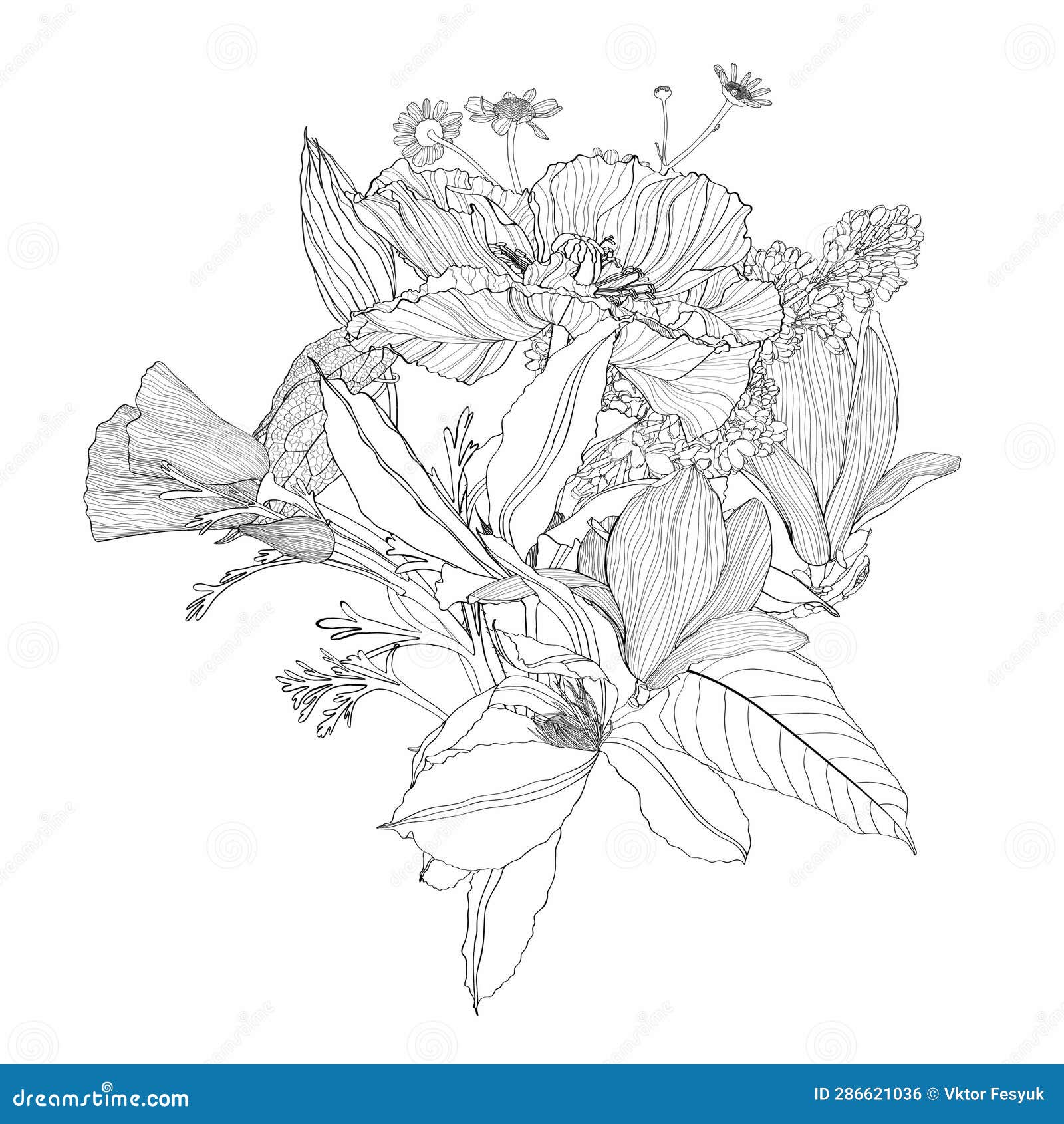 Floral Composition. Bouquet with Hand Drawn Flowers and Plants Stock ...