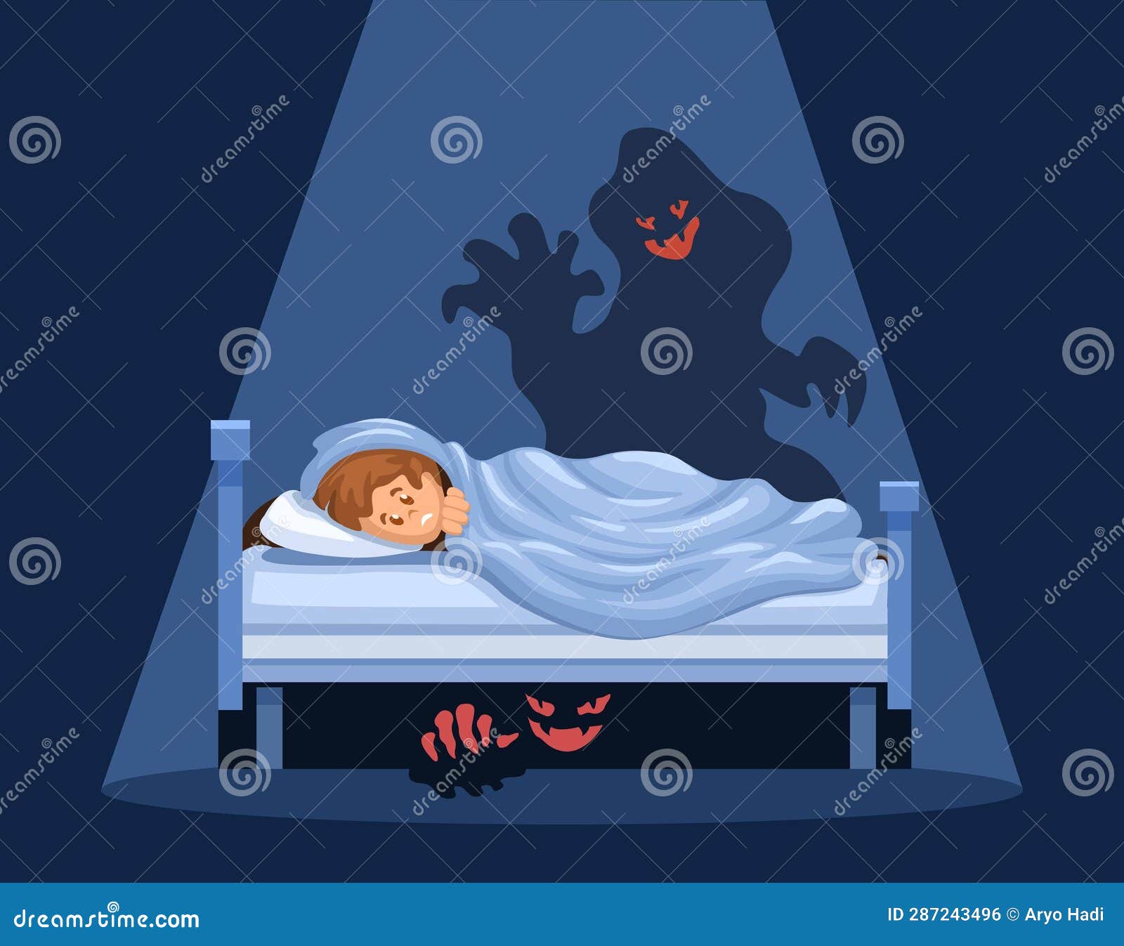 Child Afraid Monster Under Bed while Sleep Scene Illustration Cartoon ...