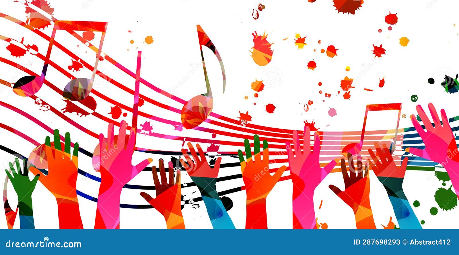Music Background with Colorful Musical Notes Staff and Hands Vector ...