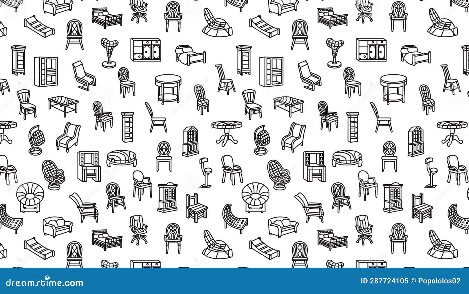 Furniture Seamless Pattern with Black Outlines on a White Background ...
