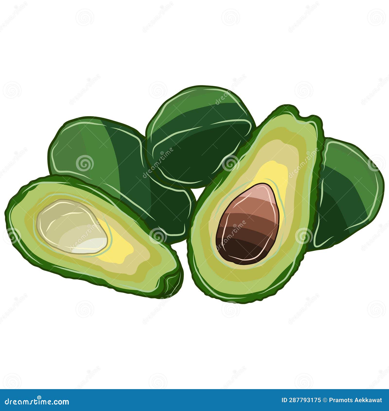 Several Green Fruit Avocados Placed Together and Cut in Halves. Stock ...