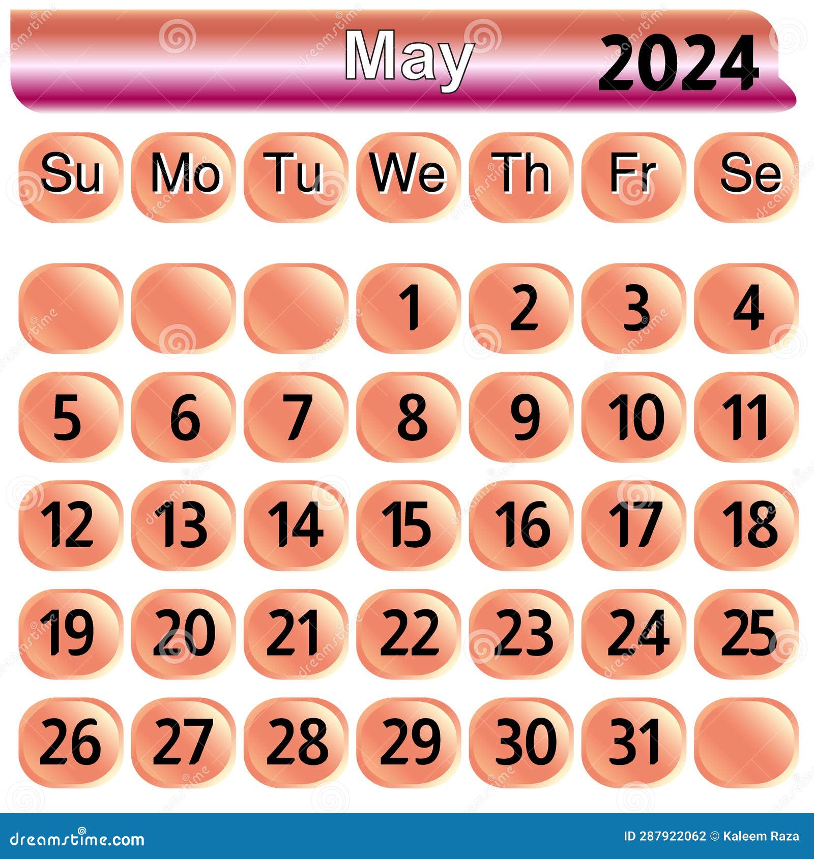 May Month Calendar 2024 in Pink Color Stock Vector - Illustration of ...