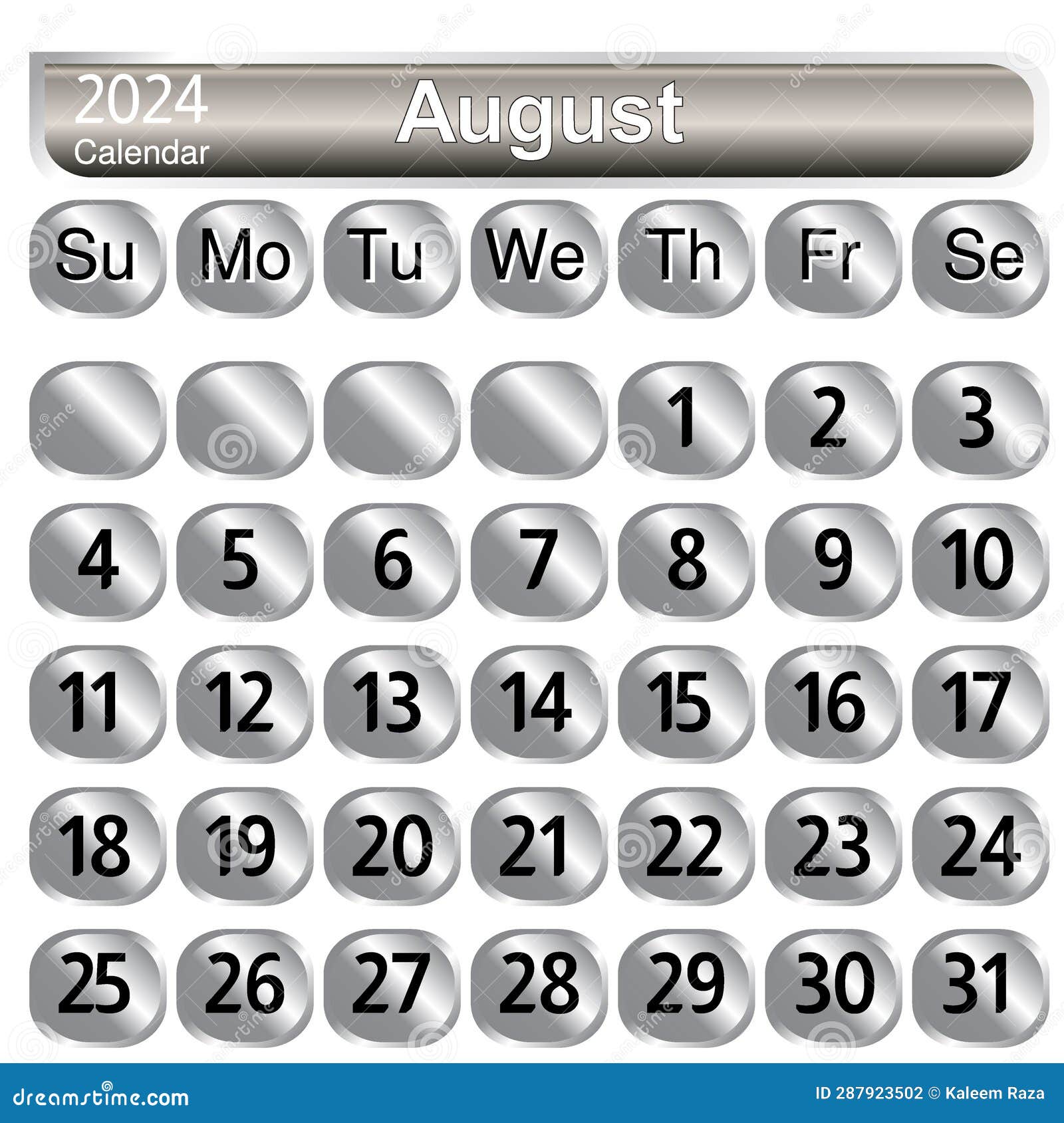 August Month Calendar 2024 in Silver Color Stock Vector - Illustration ...