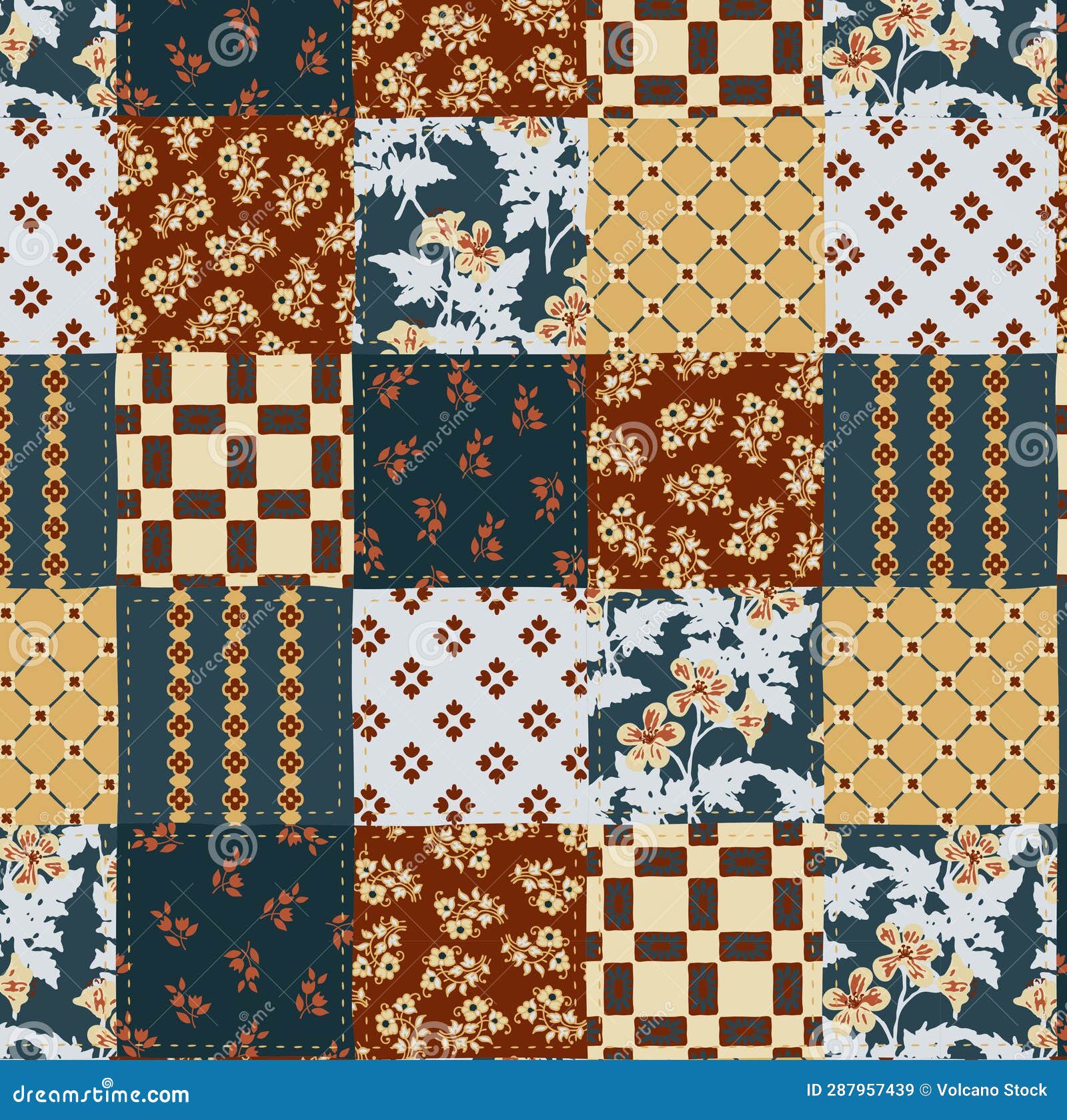 Vector Abstract Hand Drawn Seamless Patchwork Pattern with Floral ...