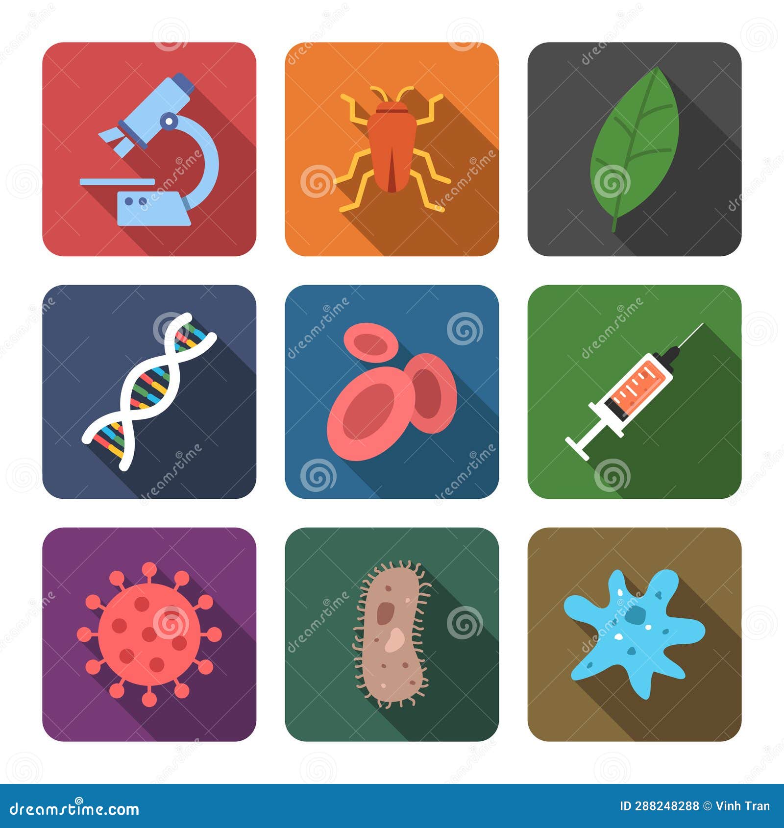 Vector Set of Biology Icons Flat Style with Long Shadow. Microscope ...