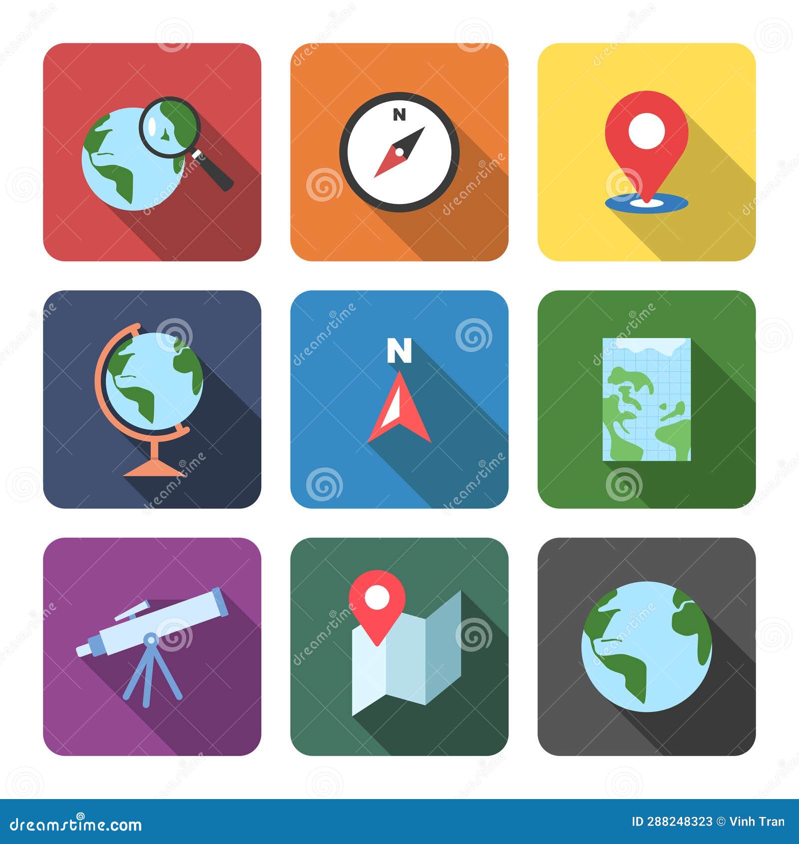 Vector Set of Geography Icons Flat Style with Long Shadow. Earth Globe ...