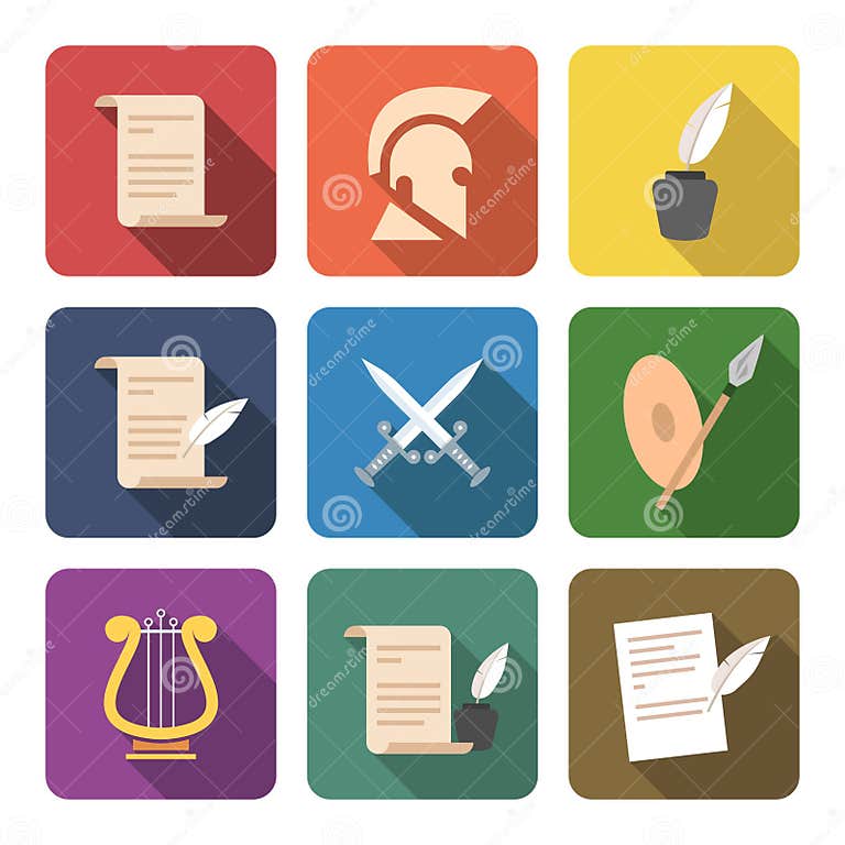 Vector Set of History Icons Flat Style with Long Shadow. Paper Scroll ...