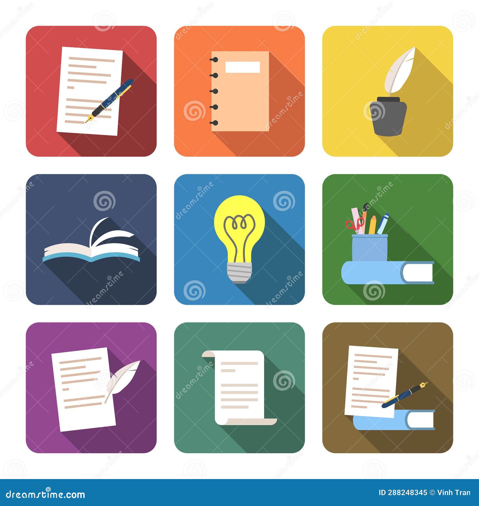 Vector Set of Literature Icons Flat Style with Long Shadow. Writing ...