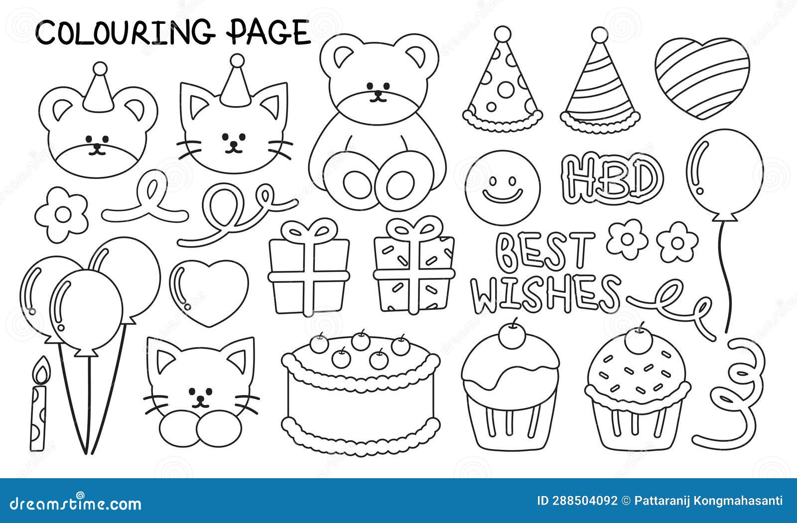 Birthday Party Outline Drawings of Bear and Cat Characters, Hats ...