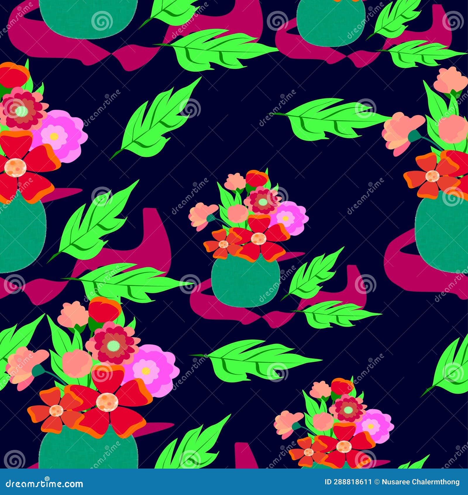 Flower Flora Vase Set Pattern, Tile Stock Vector - Illustration of ...