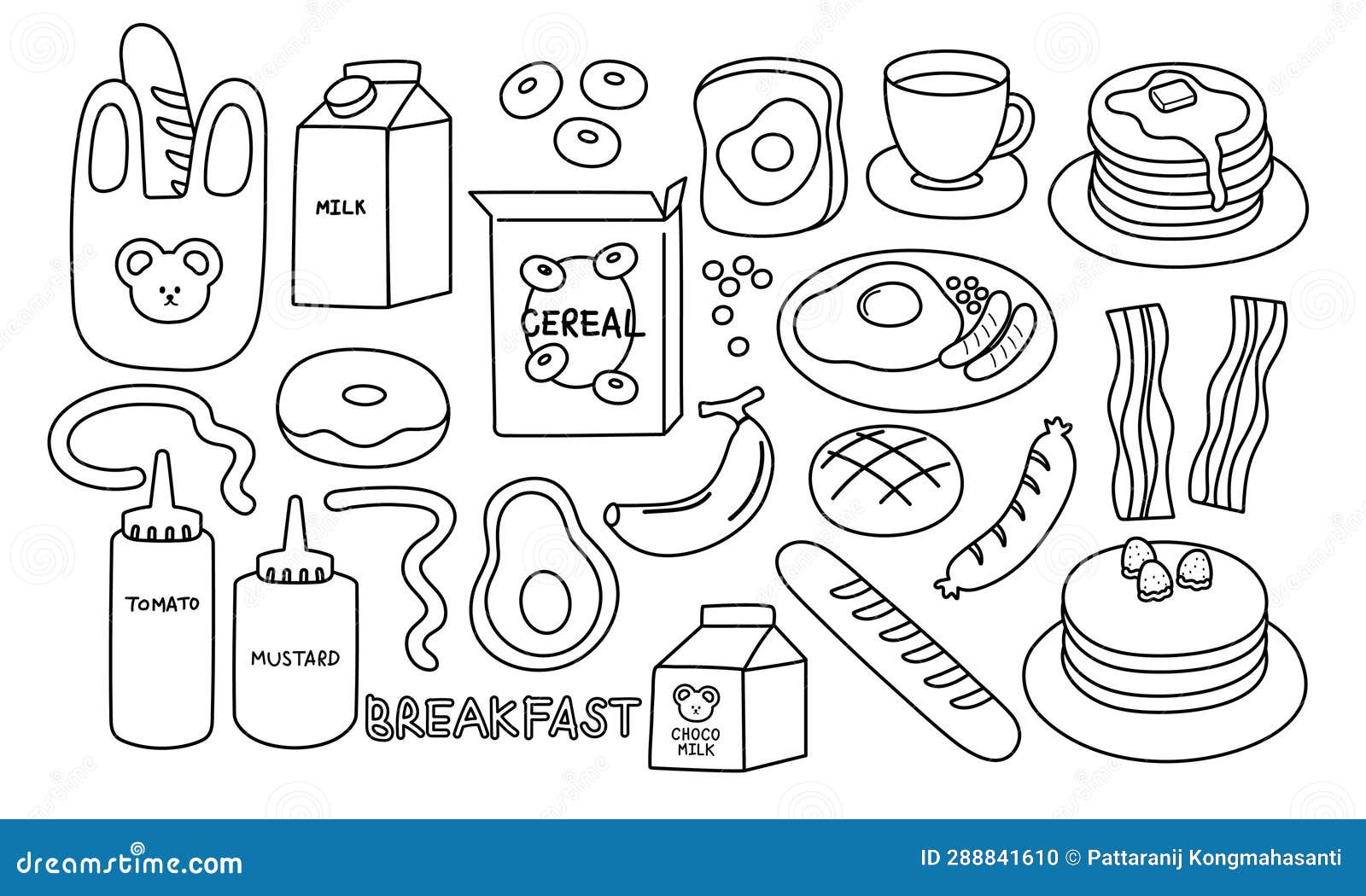 Breakfast Element Outlines of Bread Loaf, Milk Box, Cereal, Fried Egg ...