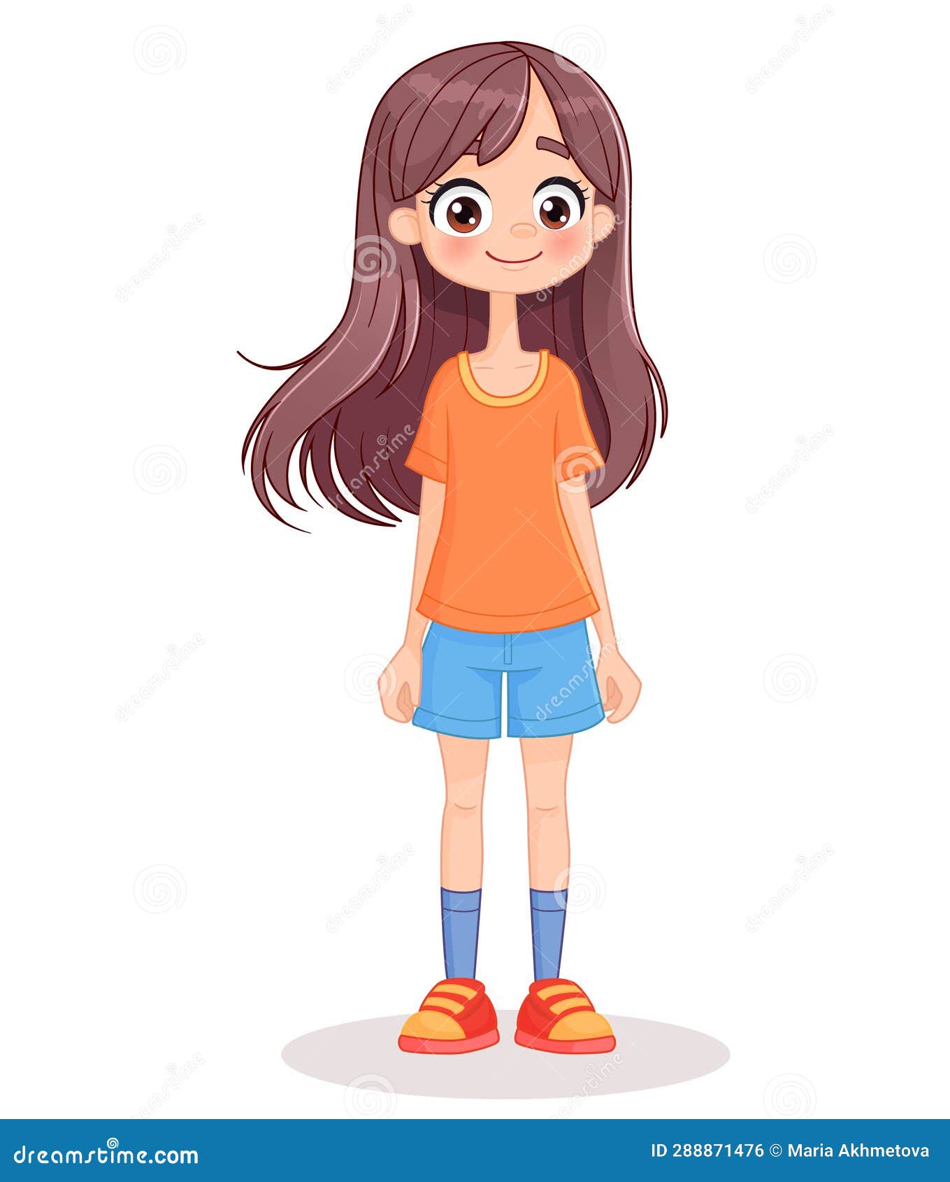 Cute Girl With Big Eyes And Long Hair Smiling Stock Vector