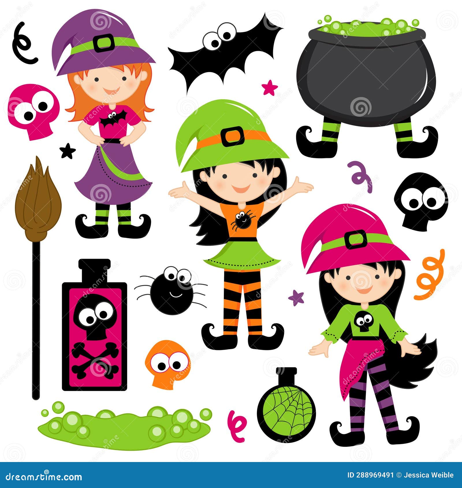 Cute Little Halloween Witches Stock Vector - Illustration of children ...