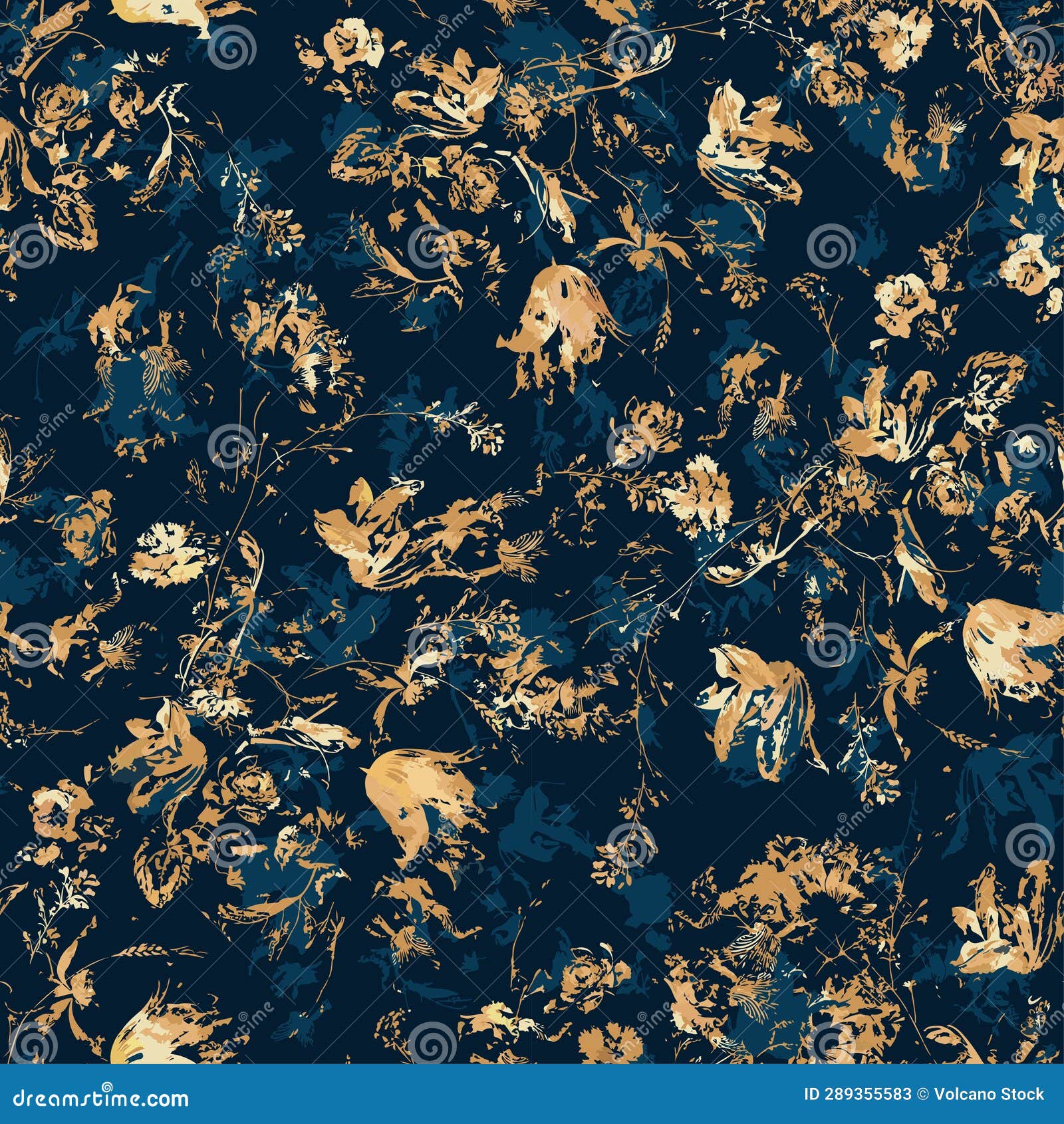 Seamless Floral Pattern. Golden Exotic Floral and Petals on a Navy Blue ...