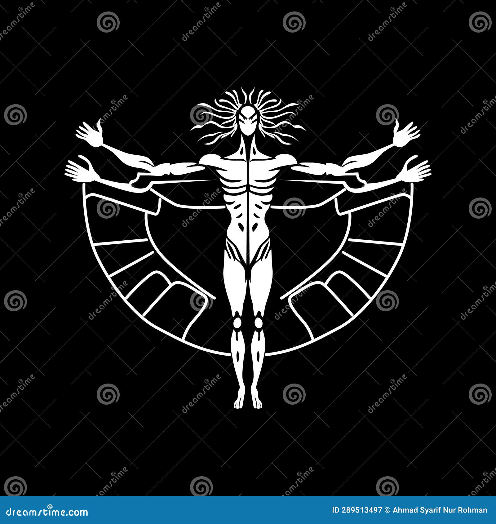 A Sun God with Four Arms and Nearby a Semicircular Decoration in Black ...