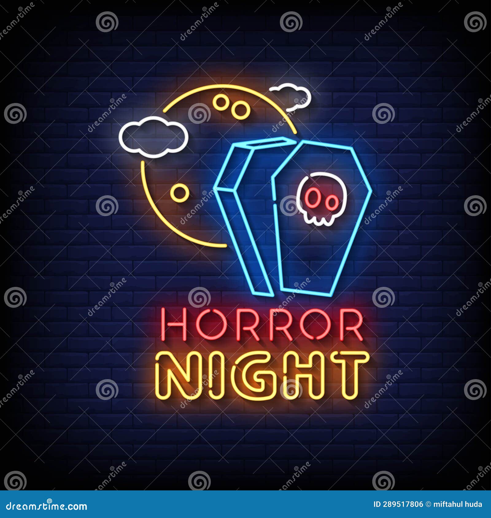 Neon Sign Horror Night with Brick Wall Background Vector Stock Vector ...