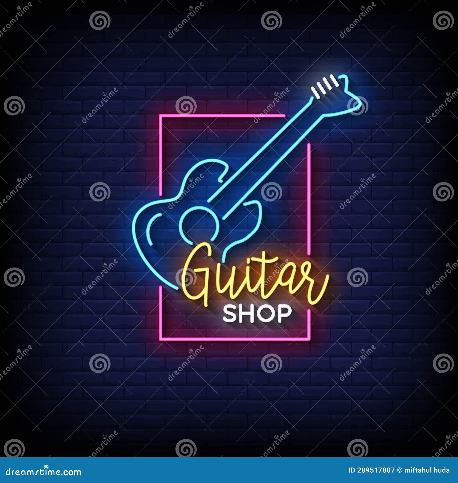 Neon Sign Guitar Shop with Brick Wall Background Vector Stock Vector ...