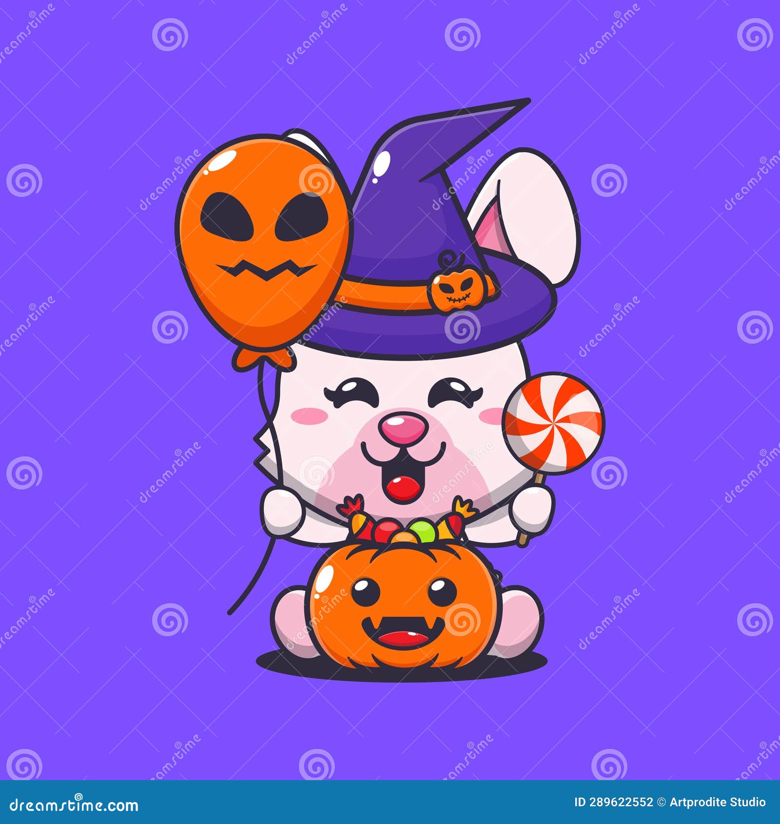 Witch Bunny Holding Halloween Balloon and Candy. Stock Vector ...