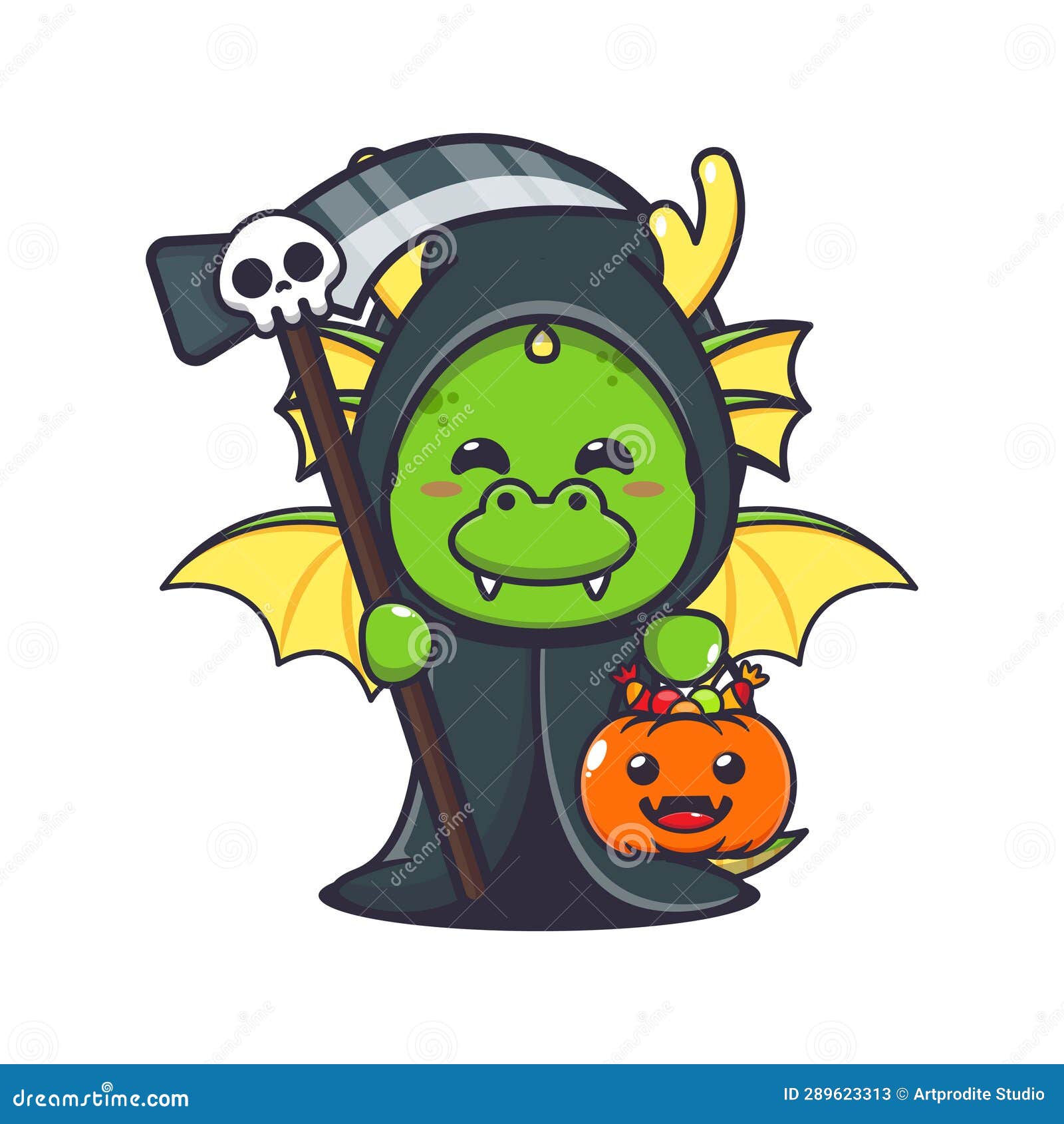 Grim Reaper Dragon Holding Scythe and Halloween Pumpkin. Stock Vector ...