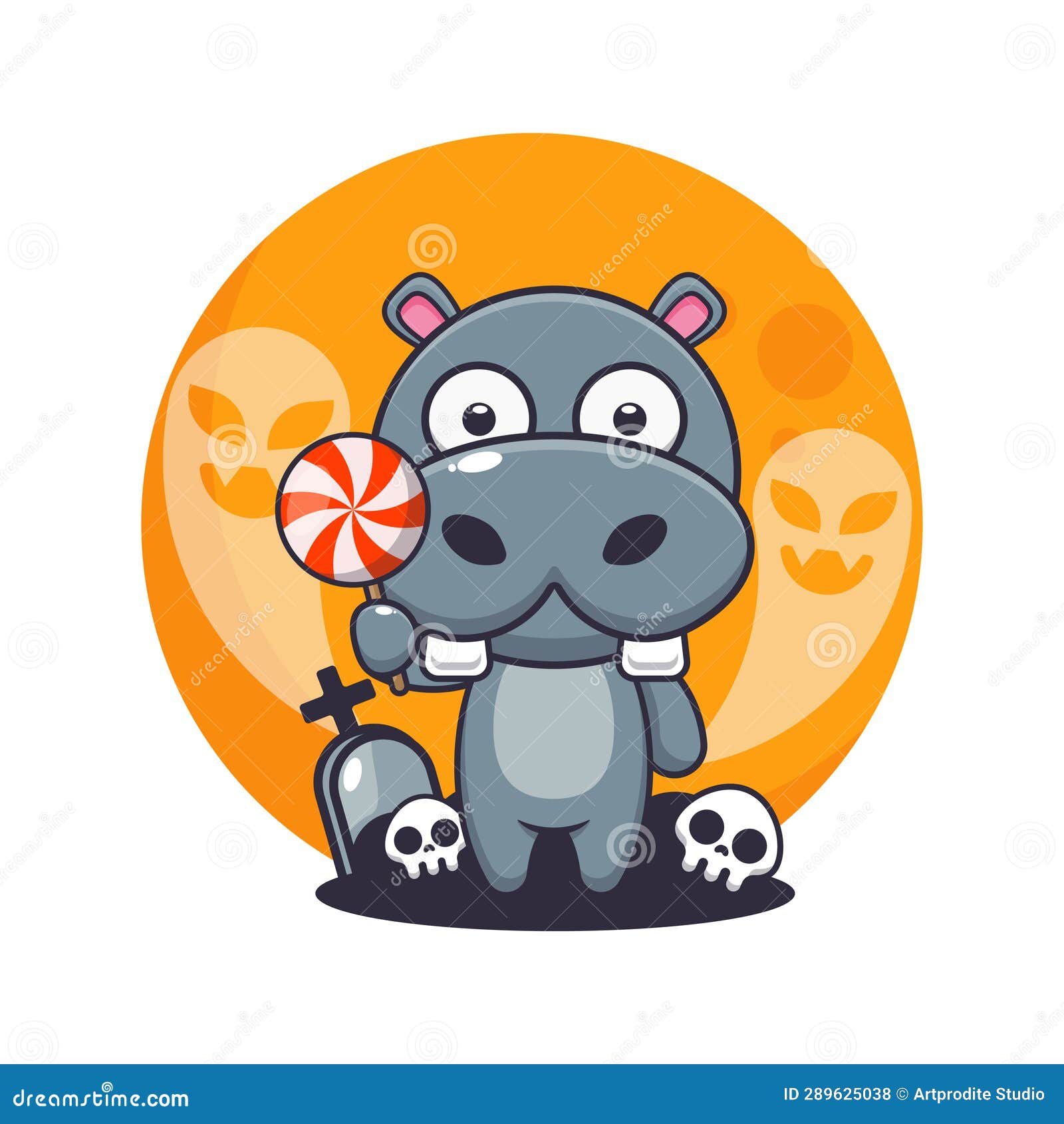 Cute Hippo Scared by Ghost in Halloween Day. Stock Vector ...