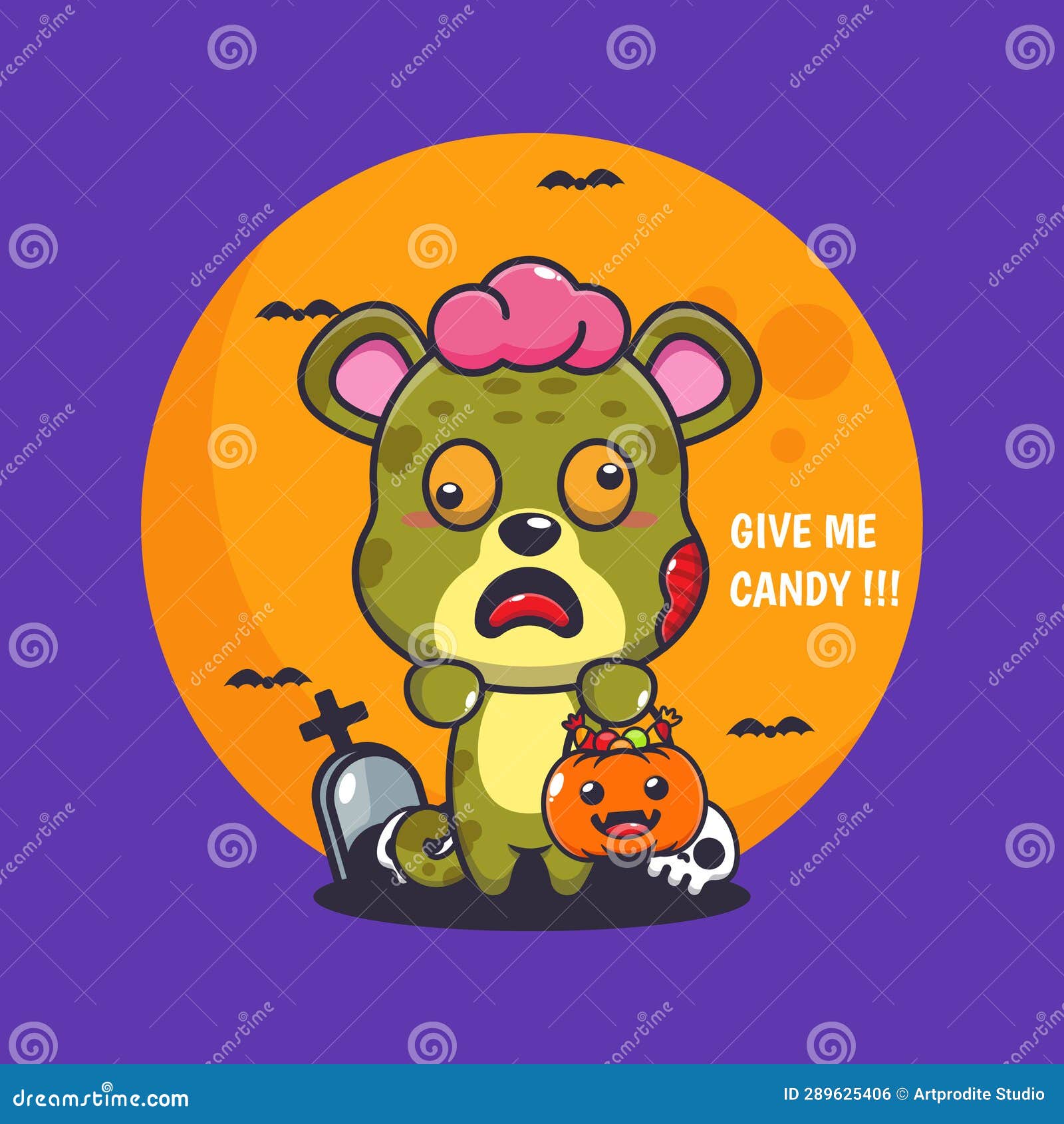 Zombie Leopard Want Candy. Cute Halloween Cartoon Illustration Stock ...