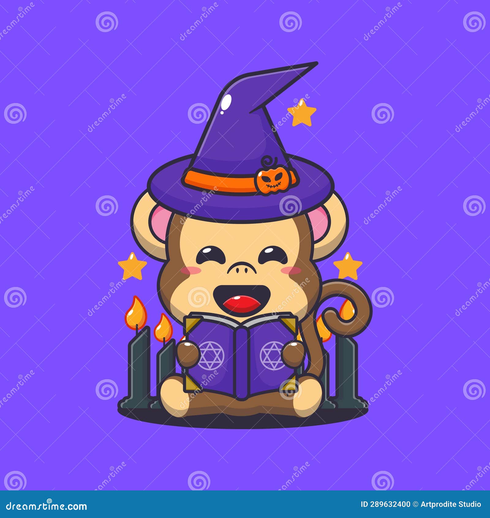 Witch Monkey Reading Spell Book. Cute Halloween Cartoon Illustration ...