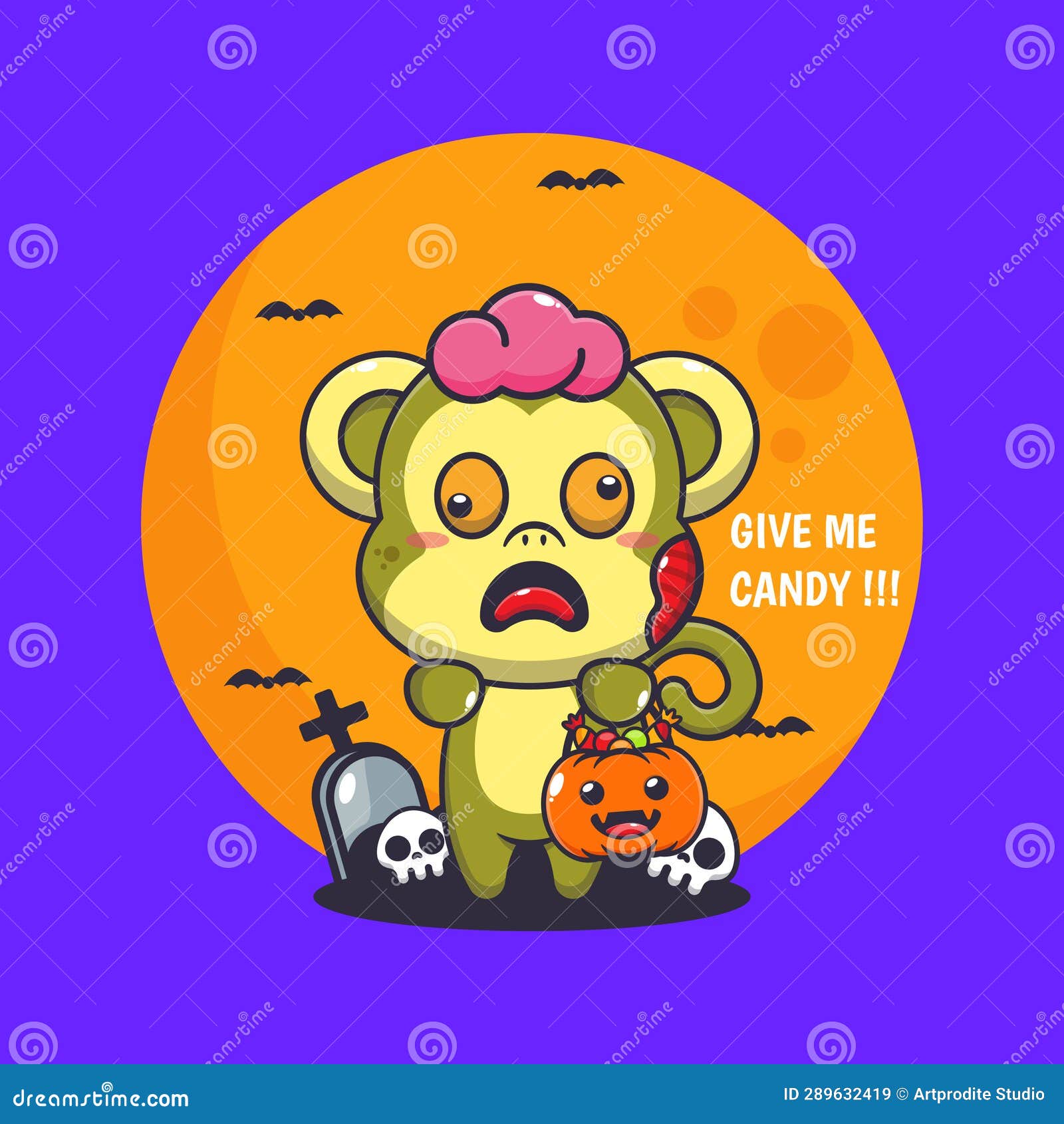 Zombie Monkey Want Candy. Cute Halloween Cartoon Illustration Stock ...