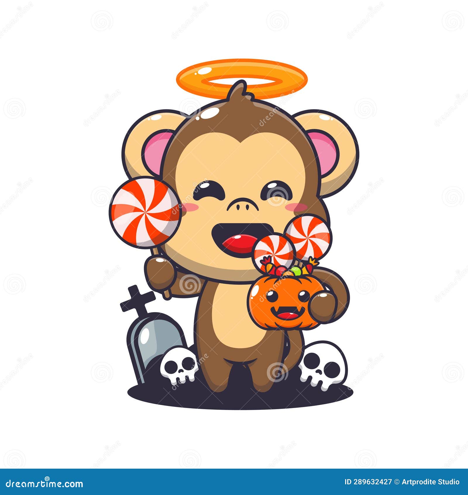 Cute Angel Monkey Holding Candy in Halloween Day. Stock Vector ...