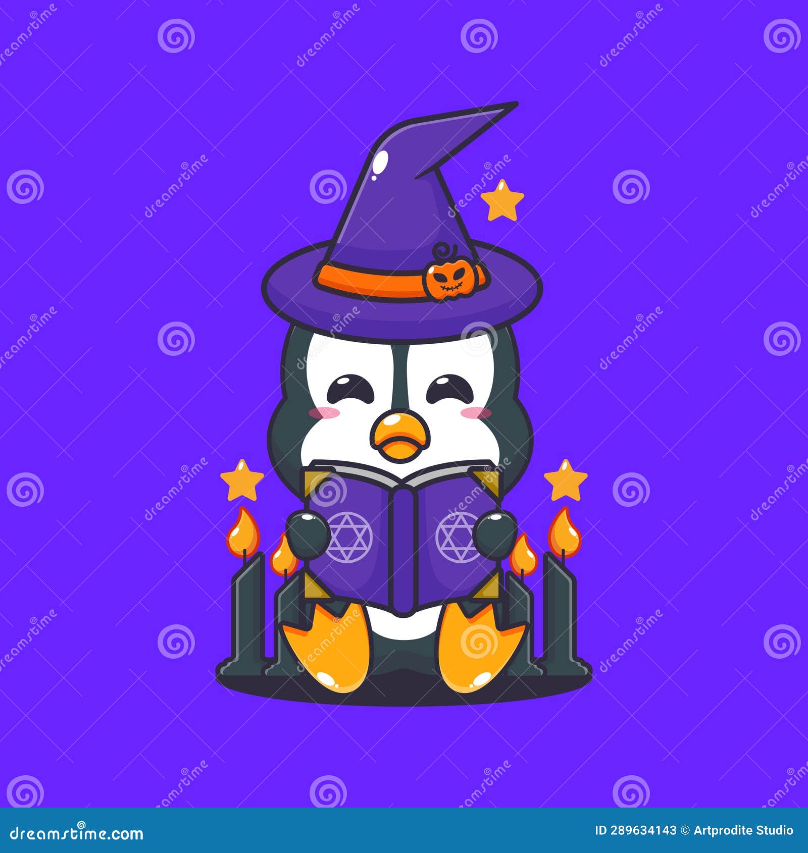 Witch Penguin Reading Spell Book. Cute Halloween Cartoon Illustration ...