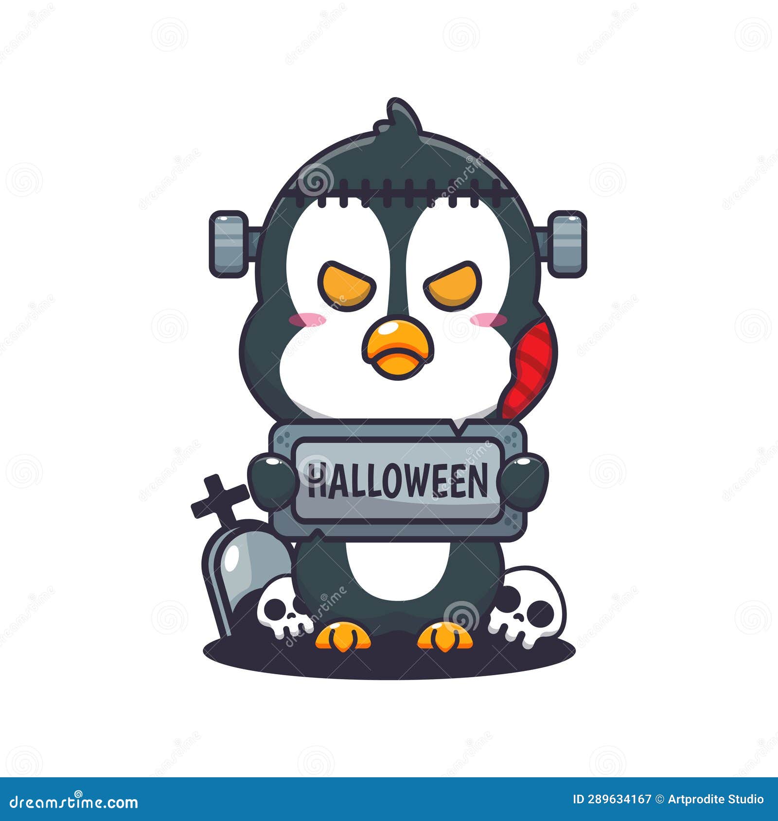 Zombie Penguin Holding Halloween Greeting Stone. Cute Halloween Cartoon ...