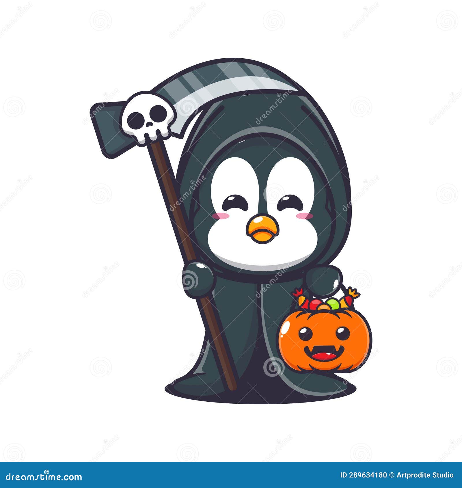 Grim Reaper Penguin Holding Scythe and Halloween Pumpkin. Stock Vector ...